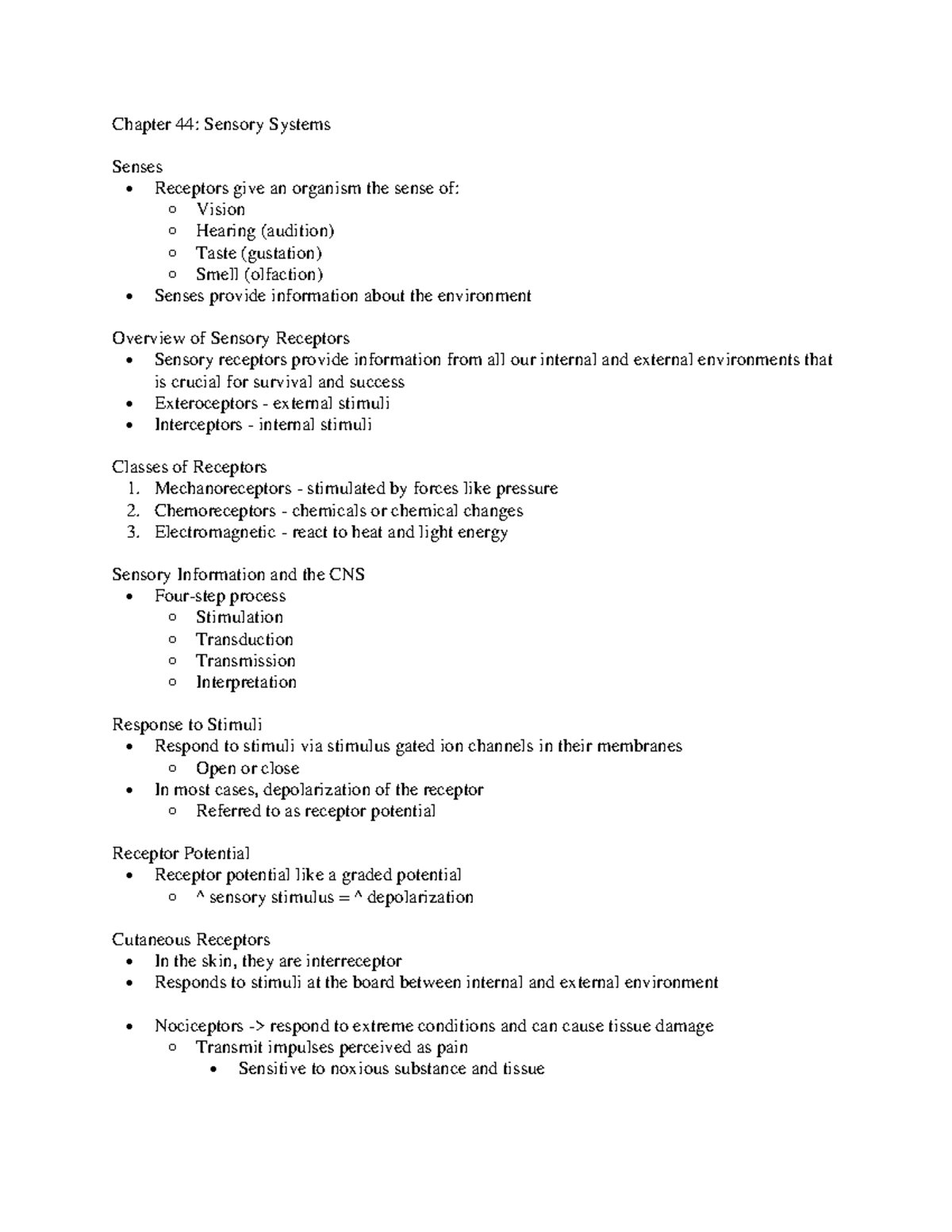 Chapter 44 - sensory system - Chapter 44: Sensory Systems Senses ...