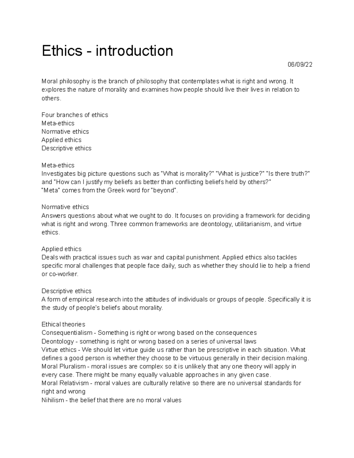 Ethics - introduction - Ethics - introduction 06/09/ Moral philosophy ...