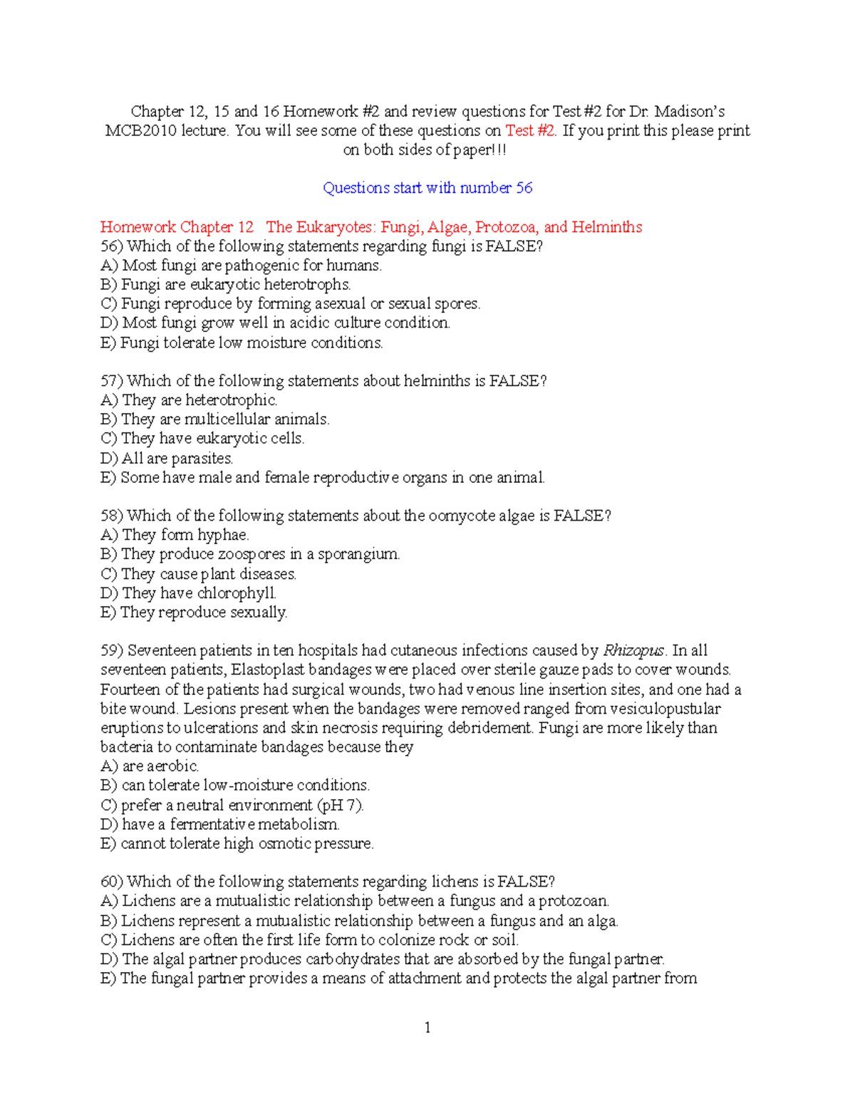 MCB2010 homework 2 chapters 12, 15,16, student(1) - Chapter 12, 15 and ...