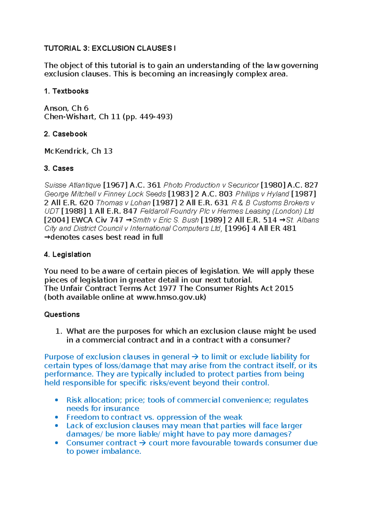 Contract II - Tutorial 3 - TUTORIAL 3: EXCLUSION CLAUSES I The object of this tutorial is to ...
