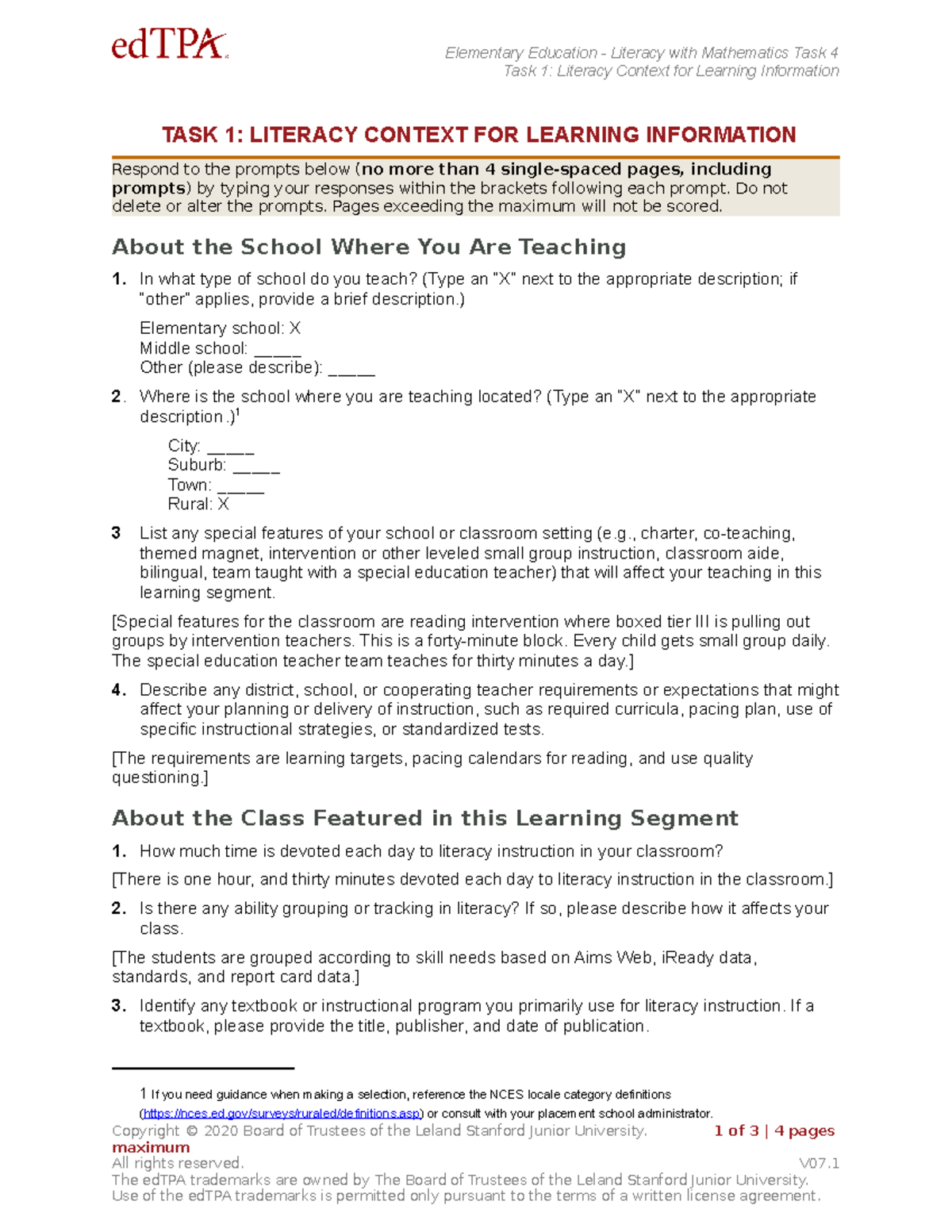 Elementary Task 1 Literacy Context for Learning V07 - Elementary ...