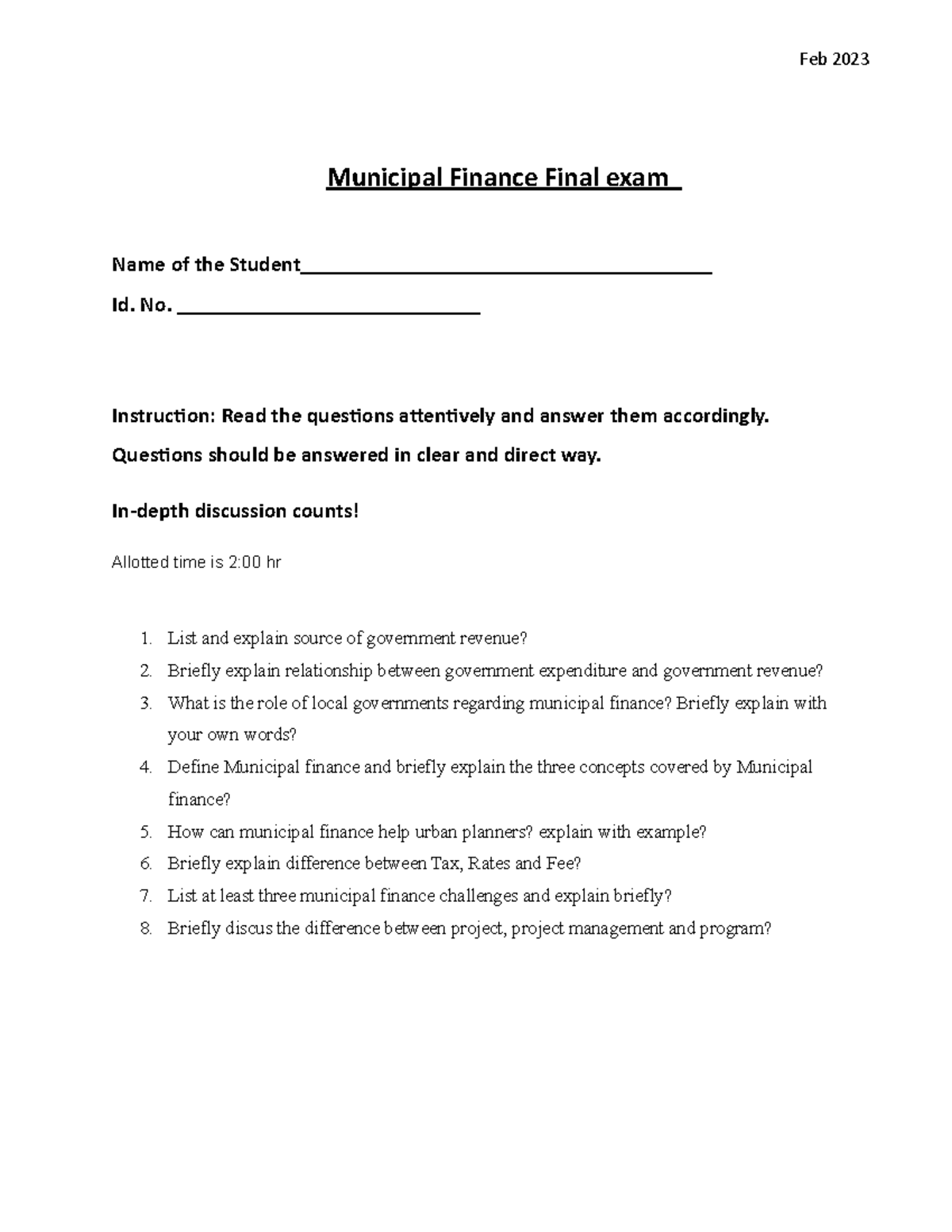 MP ex - Exam - Municipal Finance Final exam Name of the - Studocu