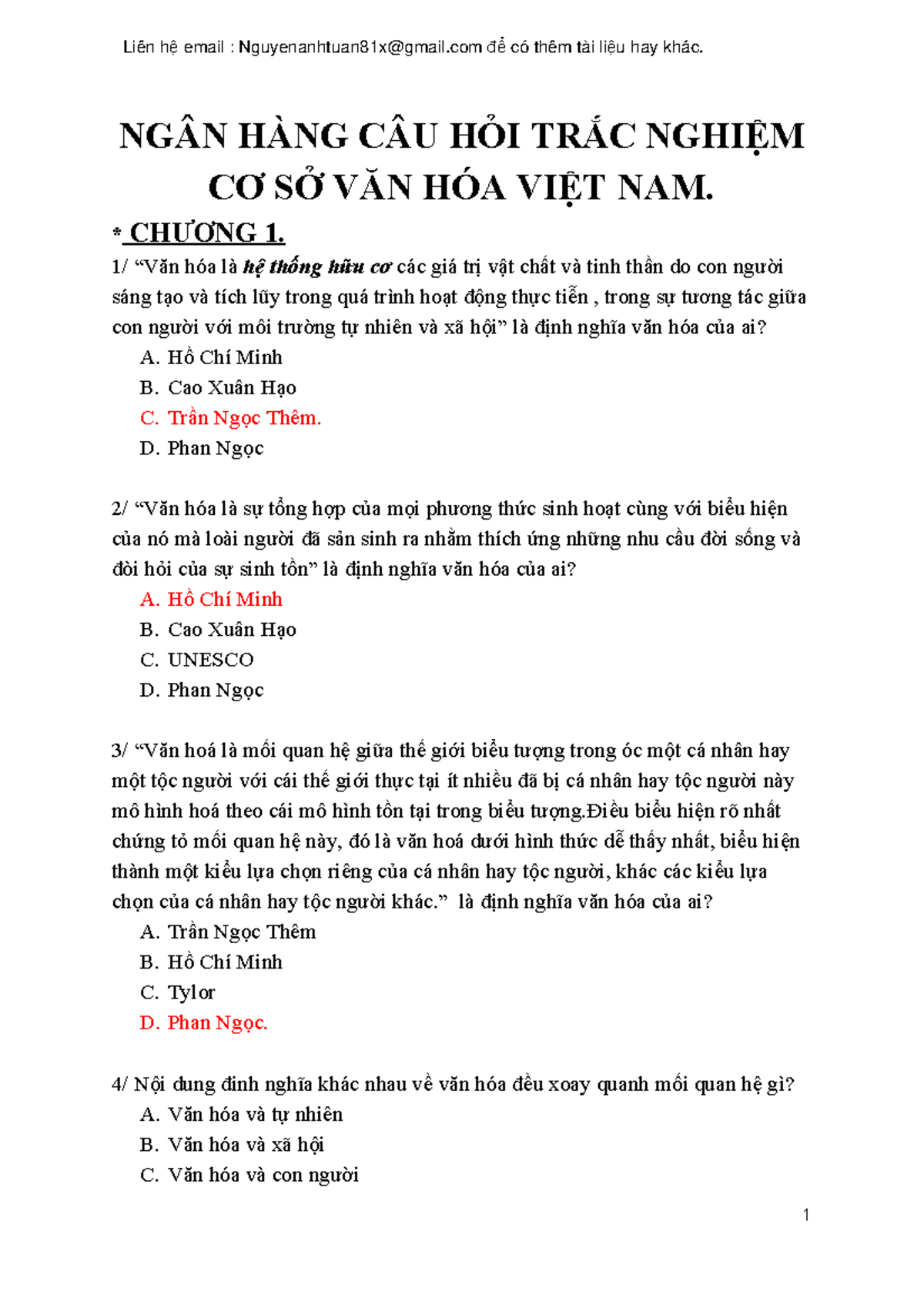 Xemtailieu 434 cau hoi trac nghiem co so van hoa viet nam co dap an - NGÂN HÀNG CÂU HỎI TRẮC ...