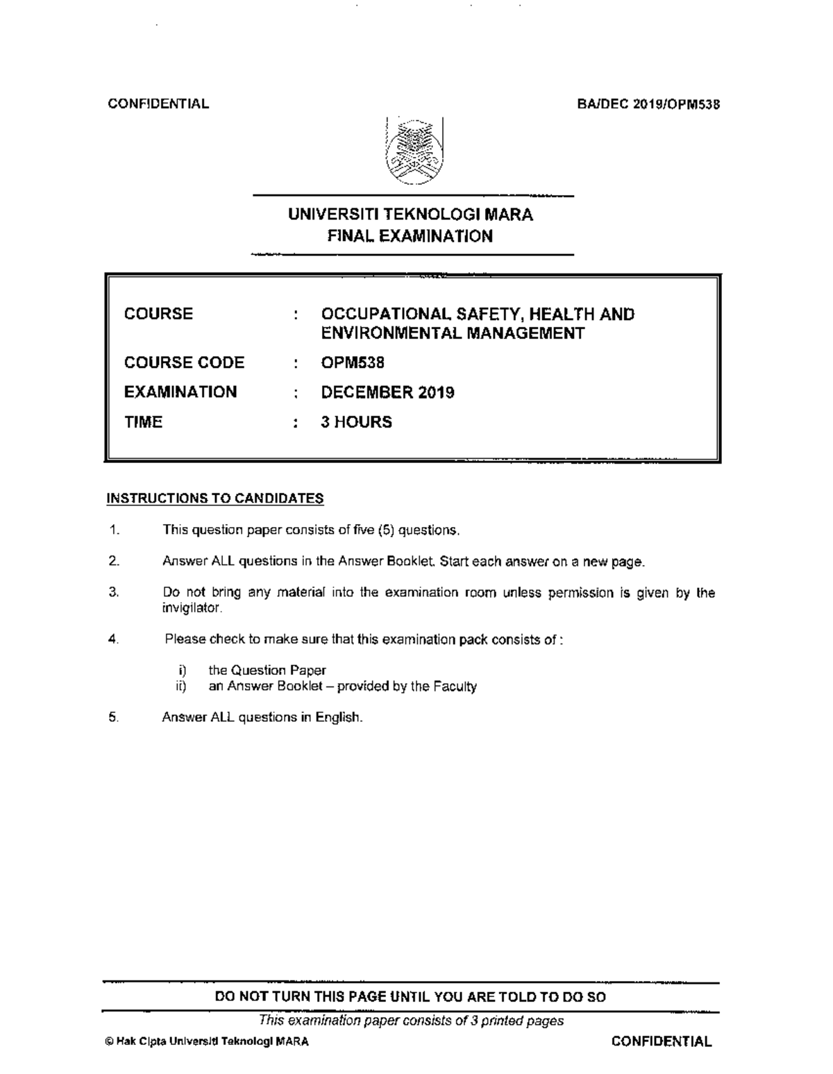 Faculty Business Management 2020 Session 1 - Degree OPM538 - CONFIDENTIAL UNIVERSITI TEKNOLOGI ...