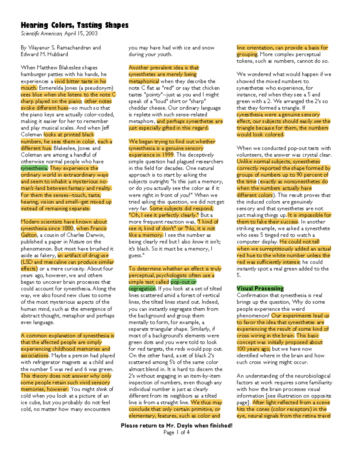 Hearing colors tasting shapes - Scientific American, April 15, 2003 ...