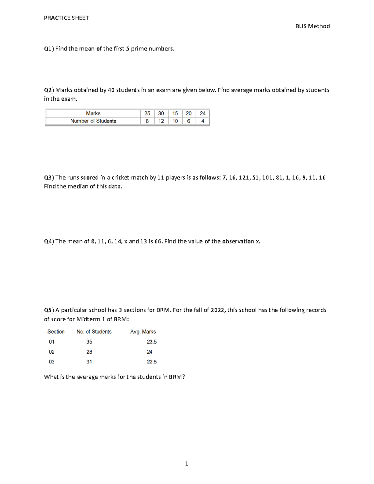 BUS Method Practice 1 - Exam review question - BUS Method Q1) Find the ...