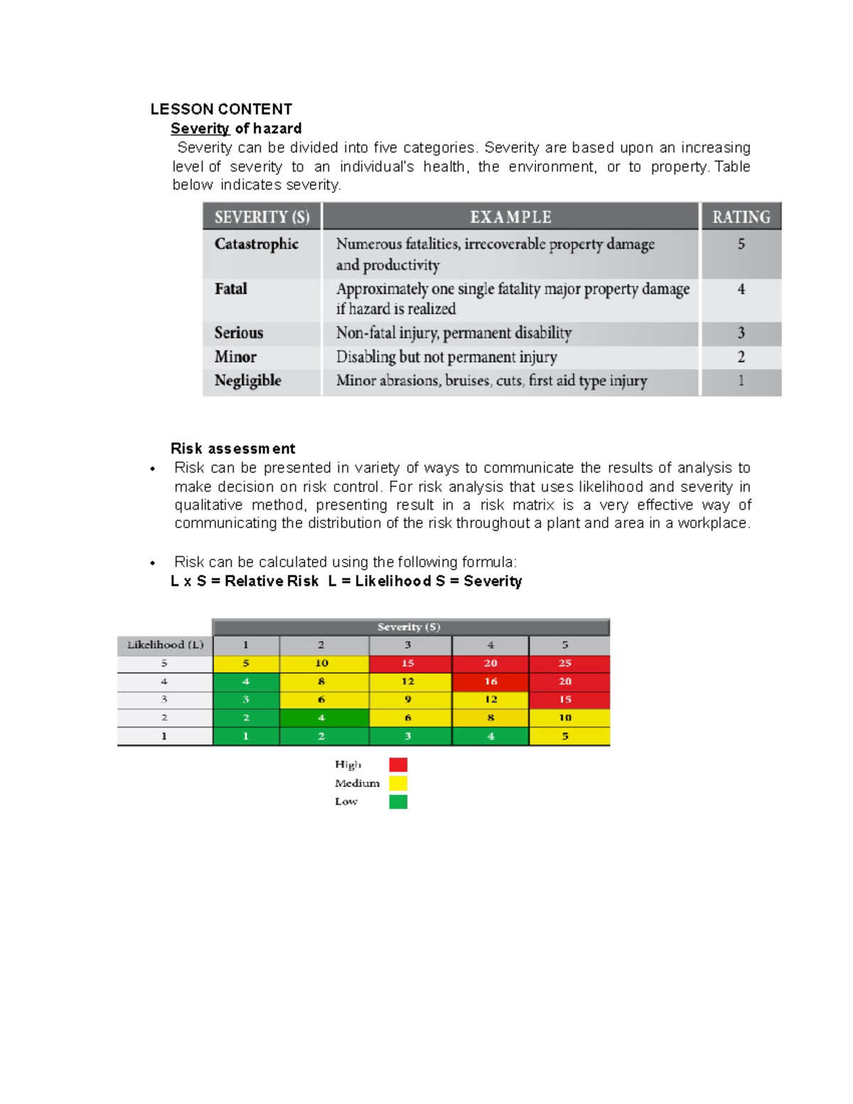 Construction Safety Health 17 - LESSON CONTENT Severity of hazard ...