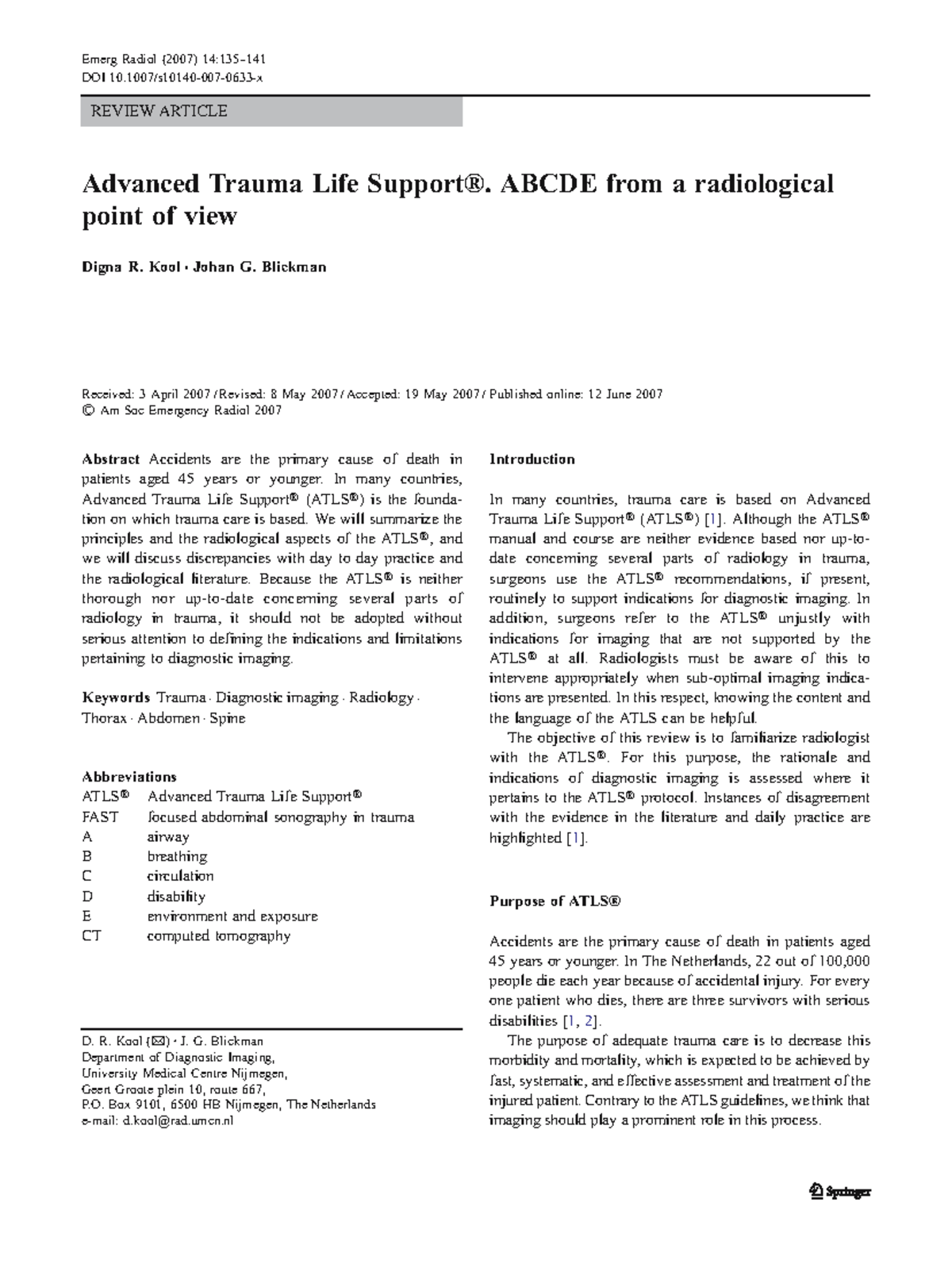 ATLS Perspectiva Radiológica - REVIEW ARTICLE Advanced Trauma Life ...