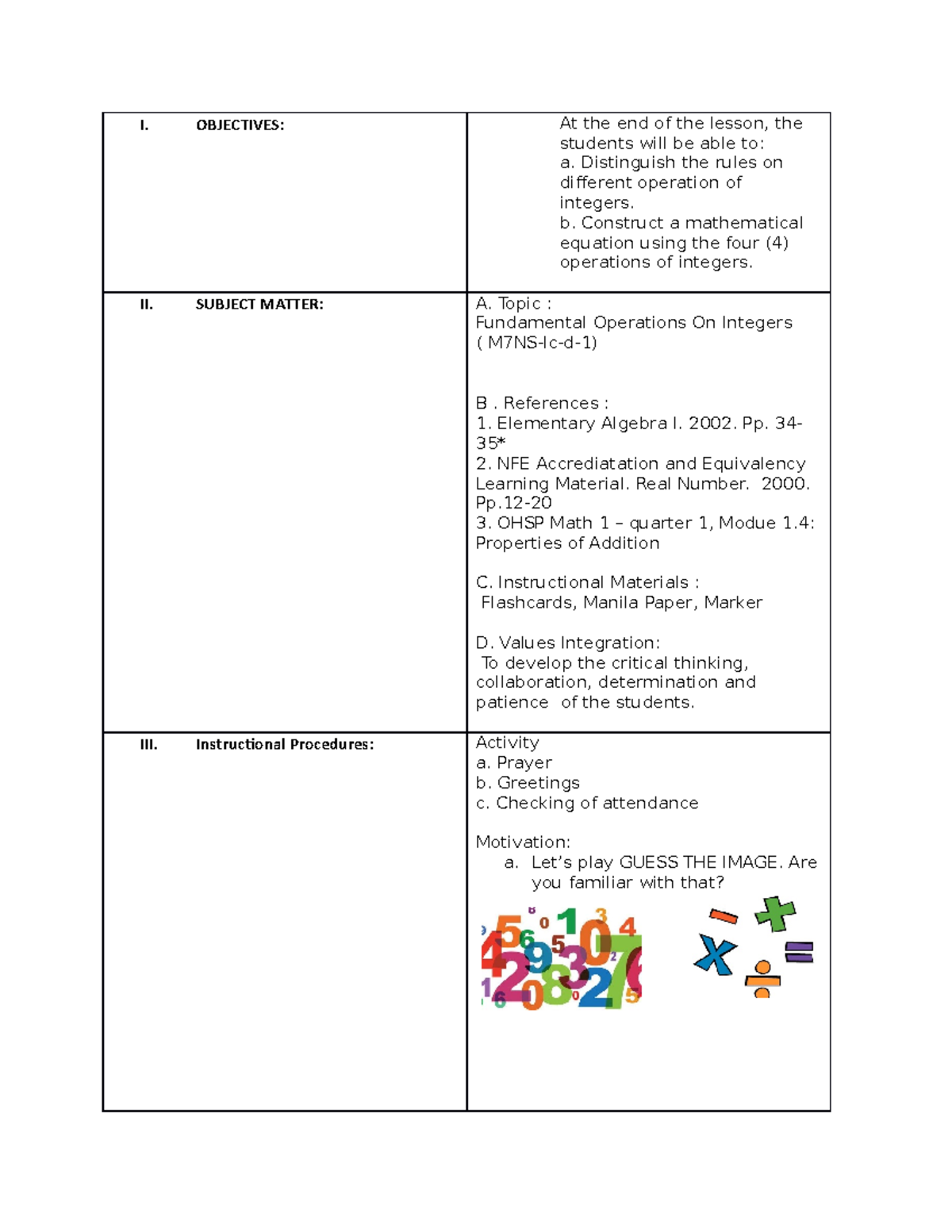 Semi Detailed -Lesson Plan - I. OBJECTIVES: At the end of the lesson ...