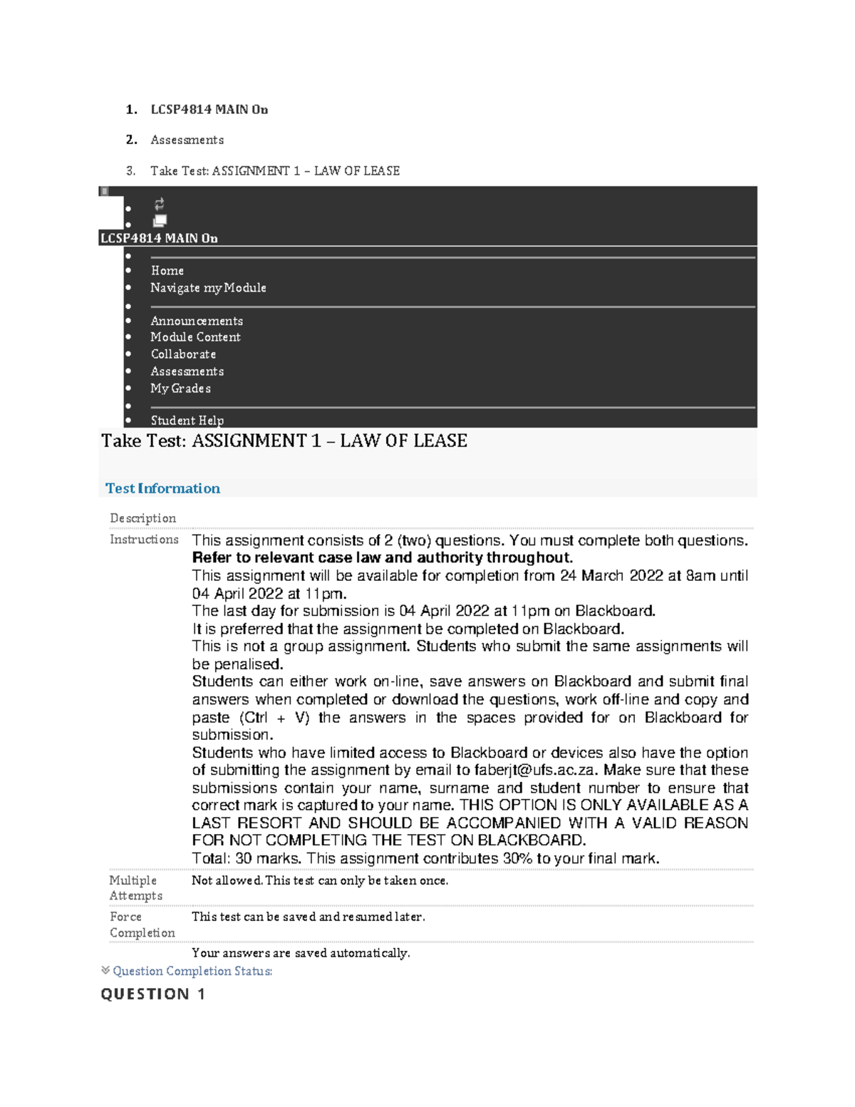 LCSP4814 Assignment - 1. LCSP4814 MAIN On 2. Assessments 3. Take Test ...