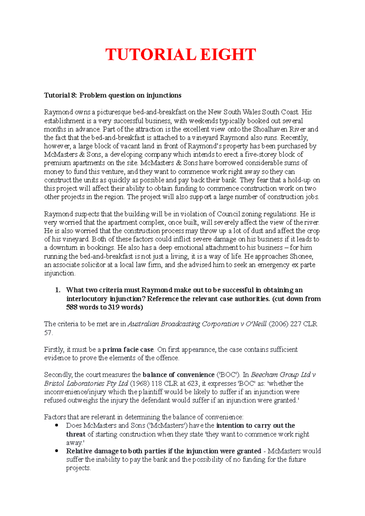 Tutorial Eight - Tut notes - TUTORIAL EIGHT Tutorial 8: Problem ...