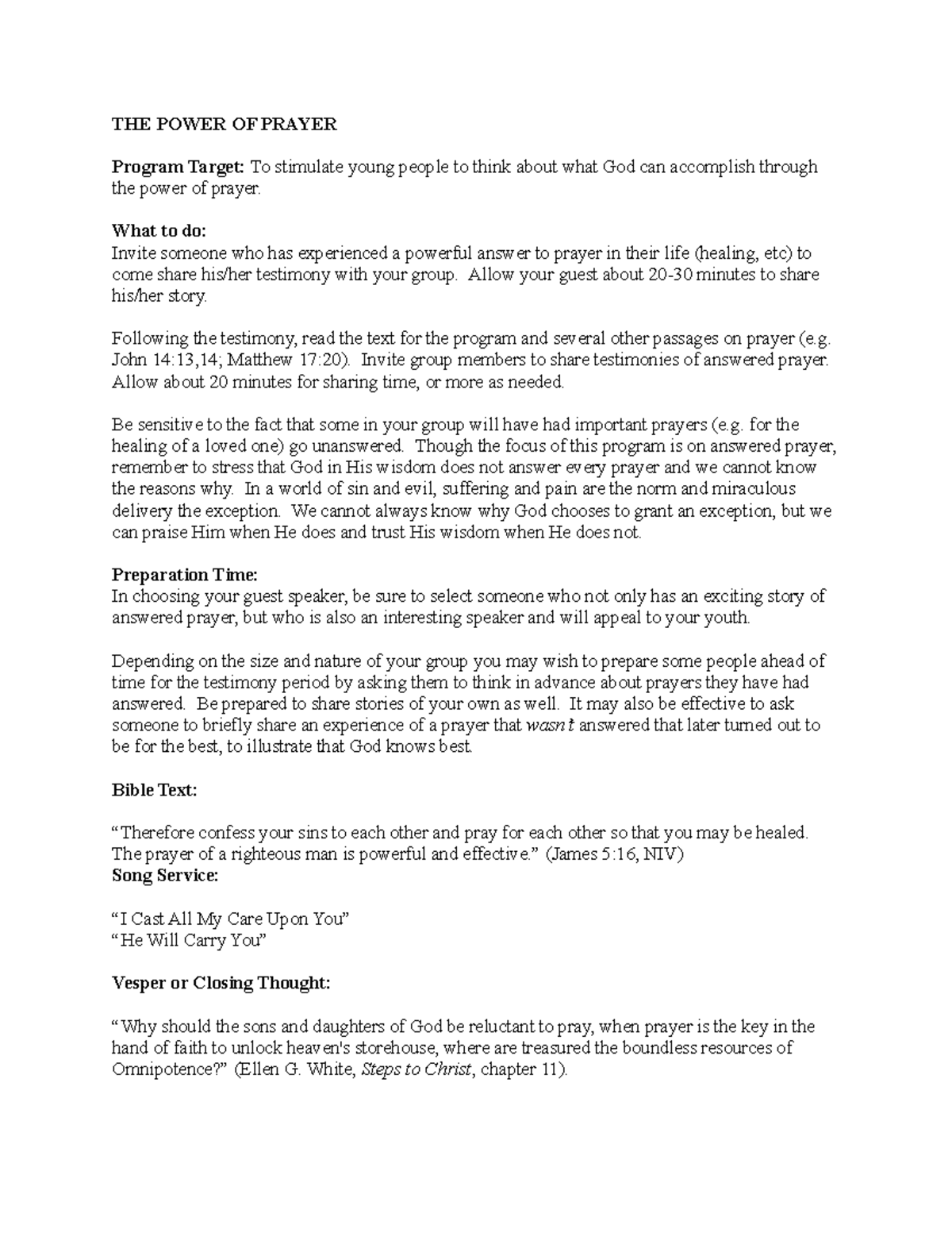 Power-of-Prayer - Lecture notes 1 - THE POWER OF PRAYER Program Target ...