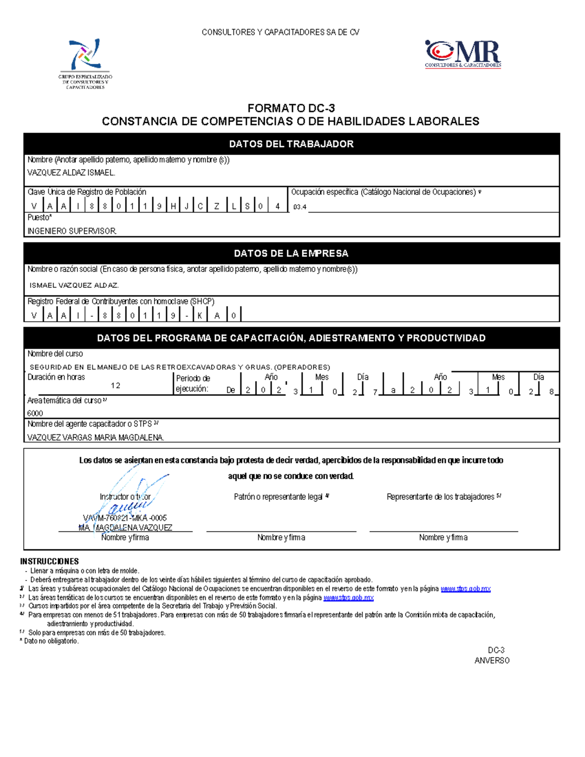 DC3 Operador DE Maquinas DE Excavacion 1 - CONSULTORES Y CAPACITADORES SA DE CV FORMATO DC ...
