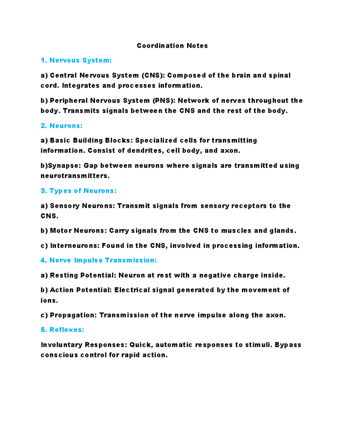 Coordination Notes - Coordination Notes Nervous System: a) Central ...