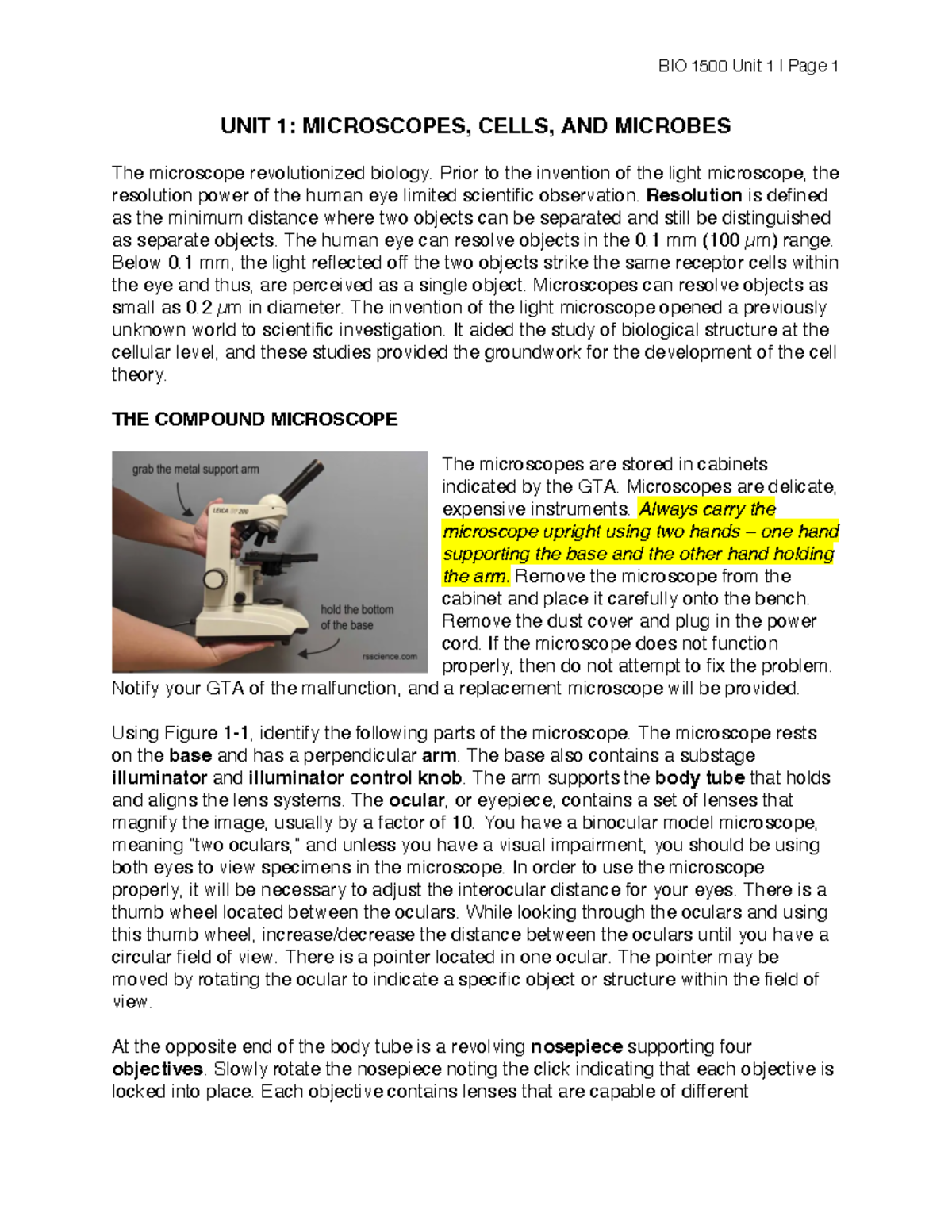 BIO1500 Unit1 Microscope(8 22) - UNIT 1: MICROSCOPES, CELLS, AND ...