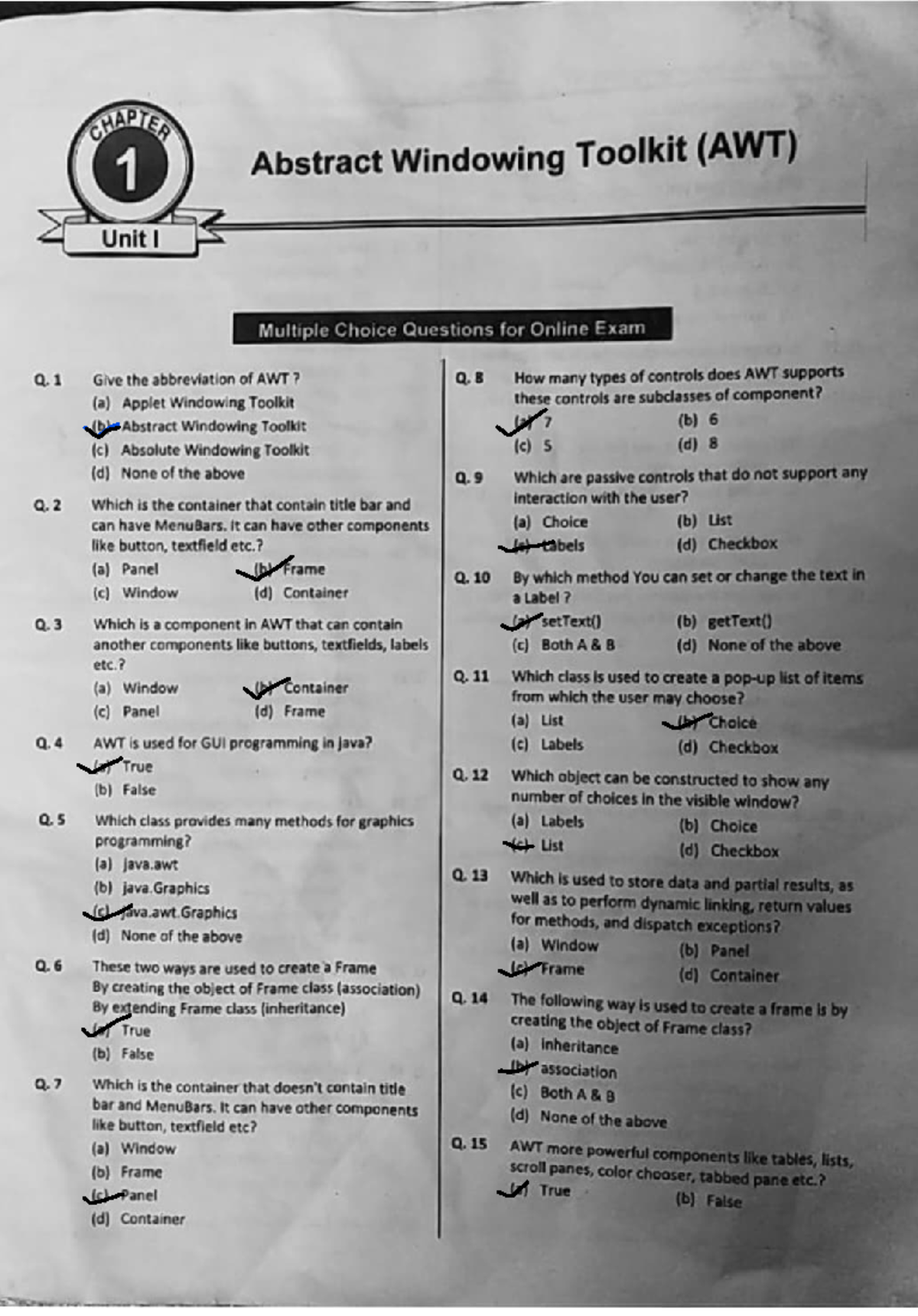 UNIT 1 MCQ'S - APT ( Abstract Windowing Toolkit (AWT) Unit Multiple Choice Questions for Online ...