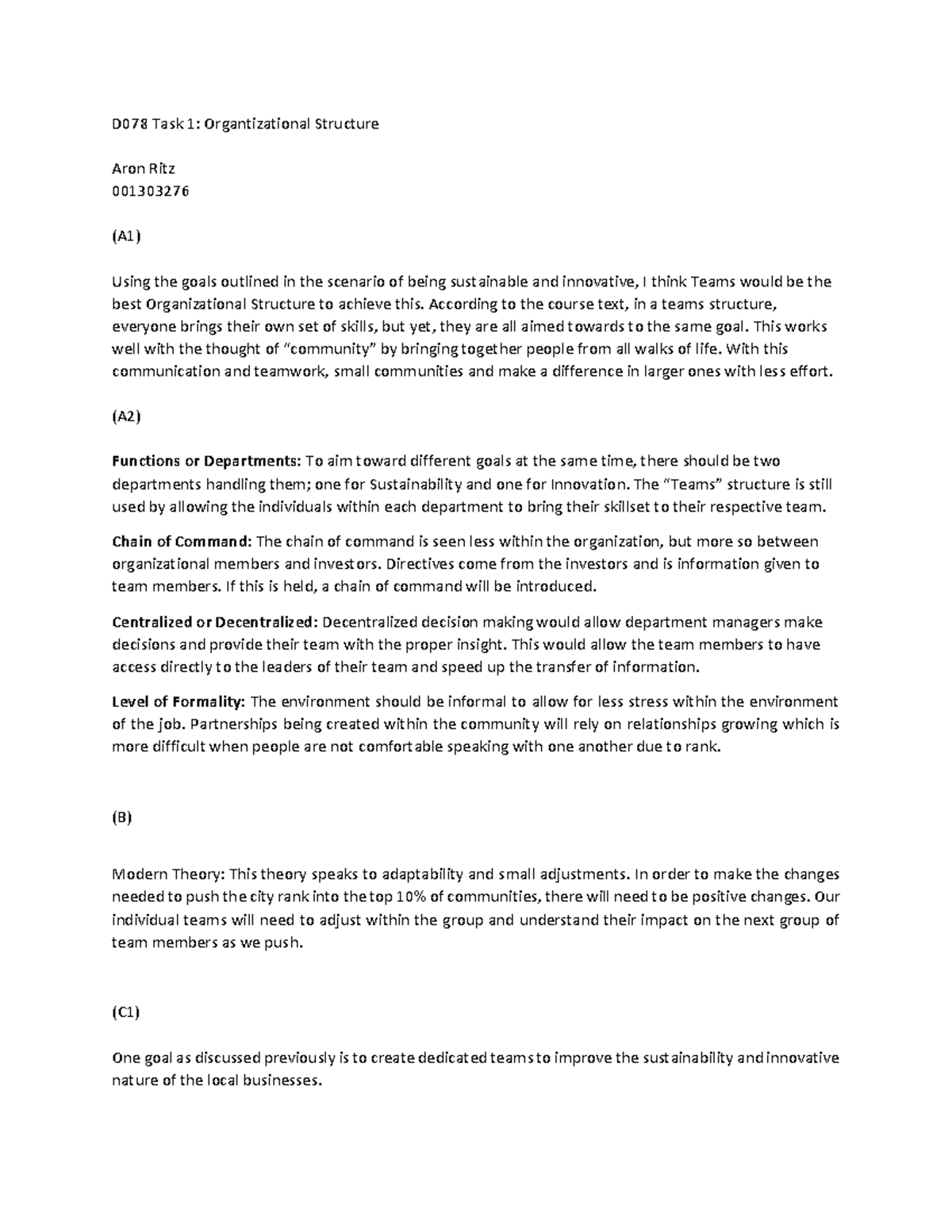 D078 Task 1 Organtizational Structure - D078 Task 1: Organtizational ...