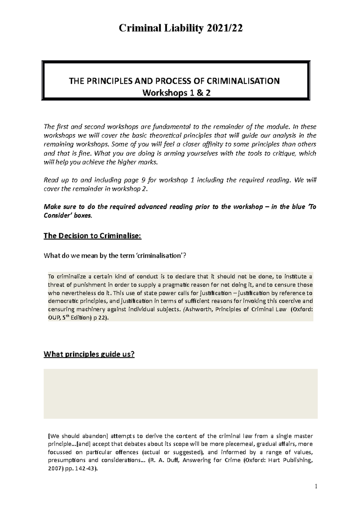 1. Criminalisation Theory (Workshop 1 and 2) 20212 - THE PRINCIPLES AND ...