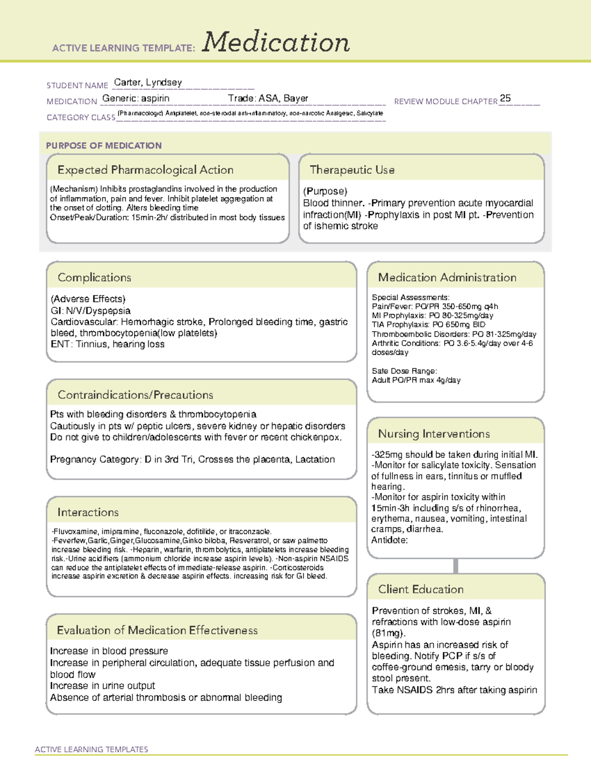 ASA - Med Cards - ACTIVE LEARNING TEMPLATES Medication STUDENT NAME ...