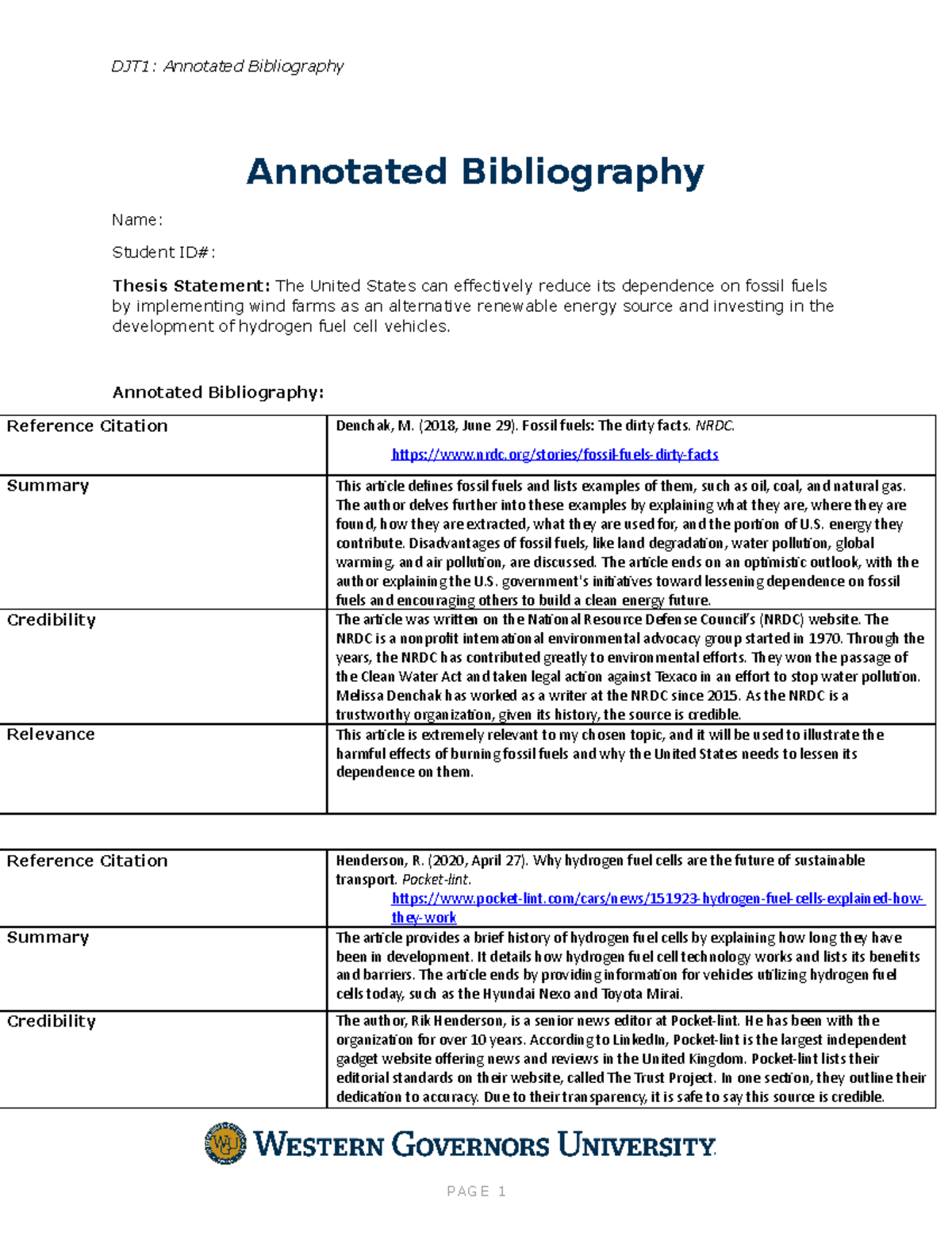 Task 1 English Composition II - Annotated Bibliography Name: Student ID ...