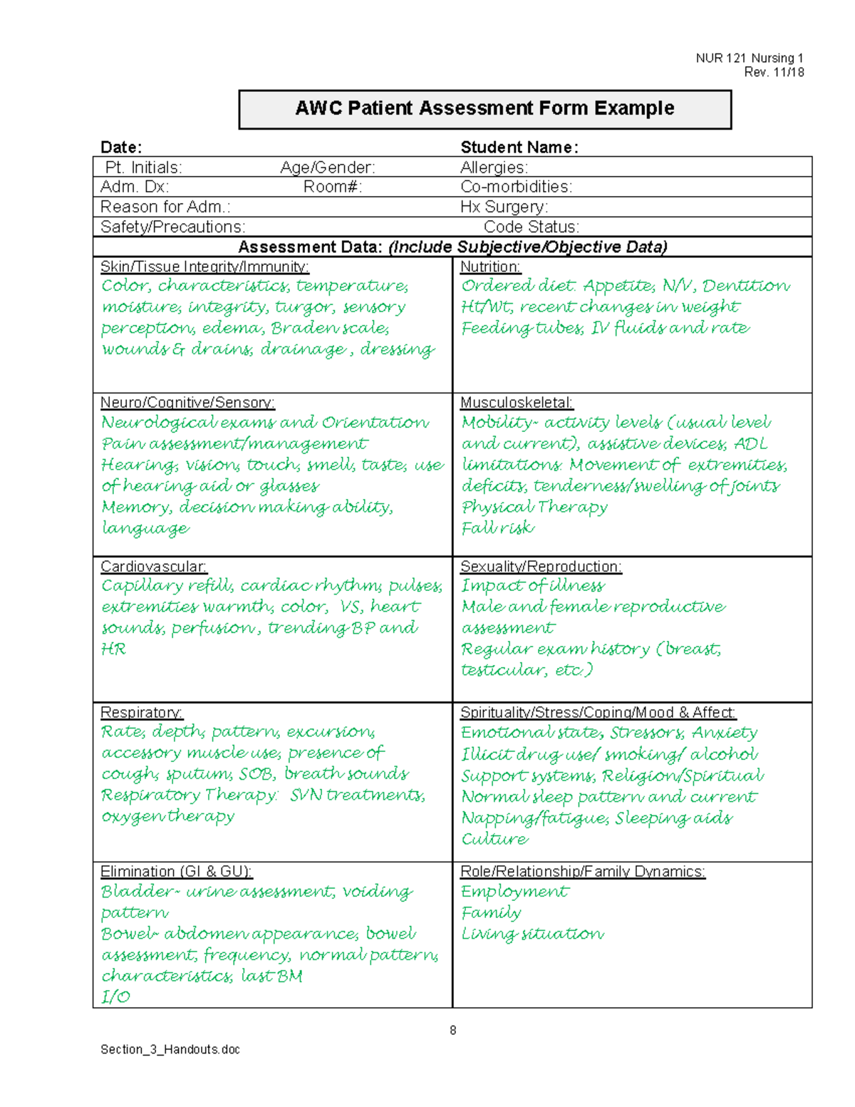 Assessment data sample - 185 1XUVLQJ 5HY 6HFWLRQB B+DQGRXWV GRF 'DWH ...