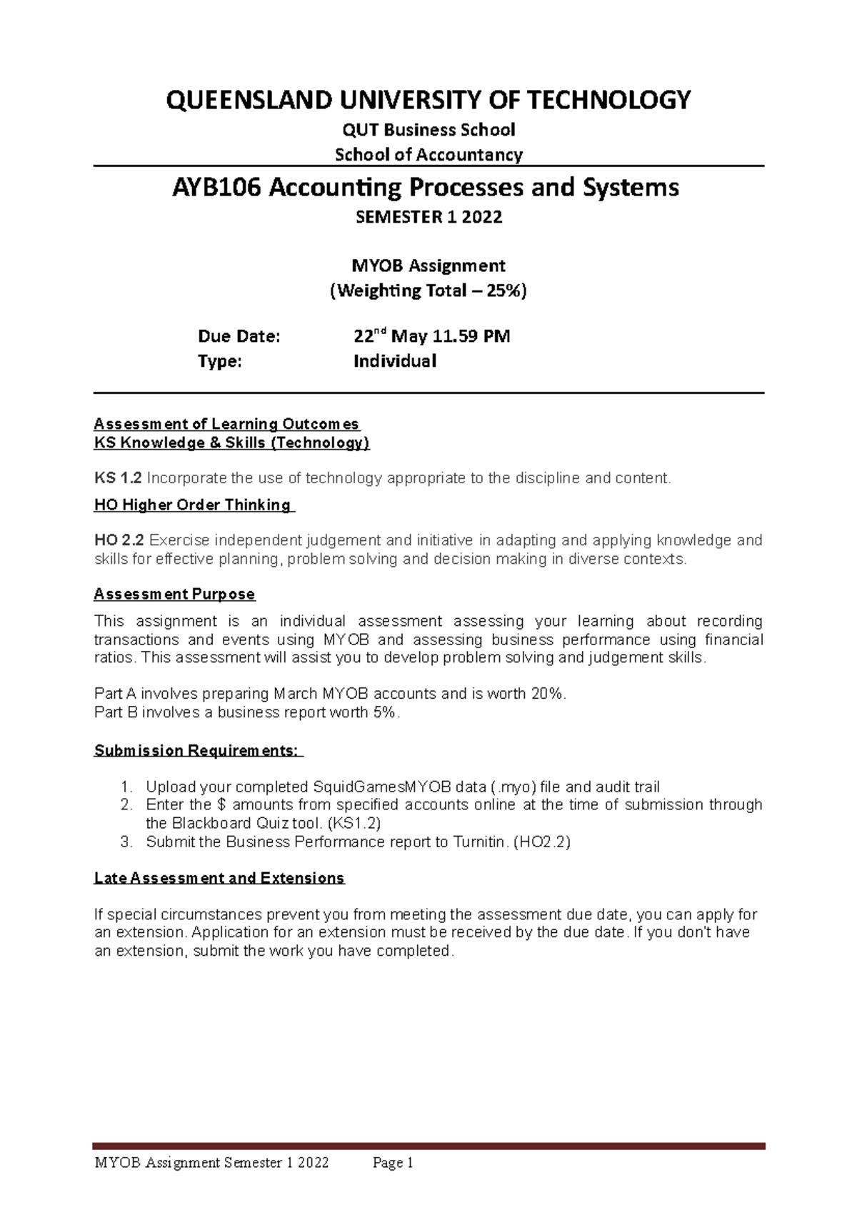 MYOB Assignment Final Sem 1 2022 - QUEENSLAND UNIVERSITY OF TECHNOLOGY ...