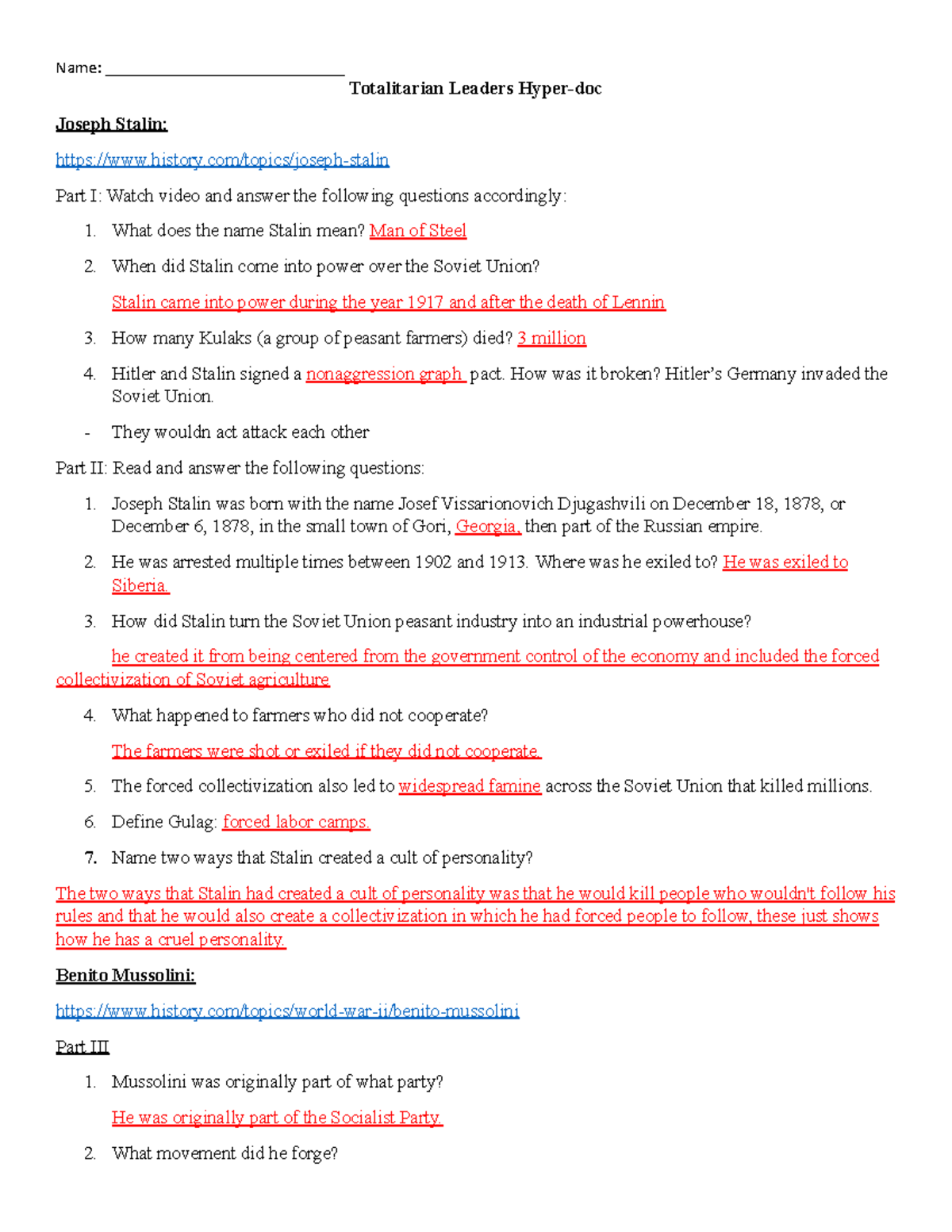 Totalitarian Leaders - Name: ____________________________ Totalitarian ...