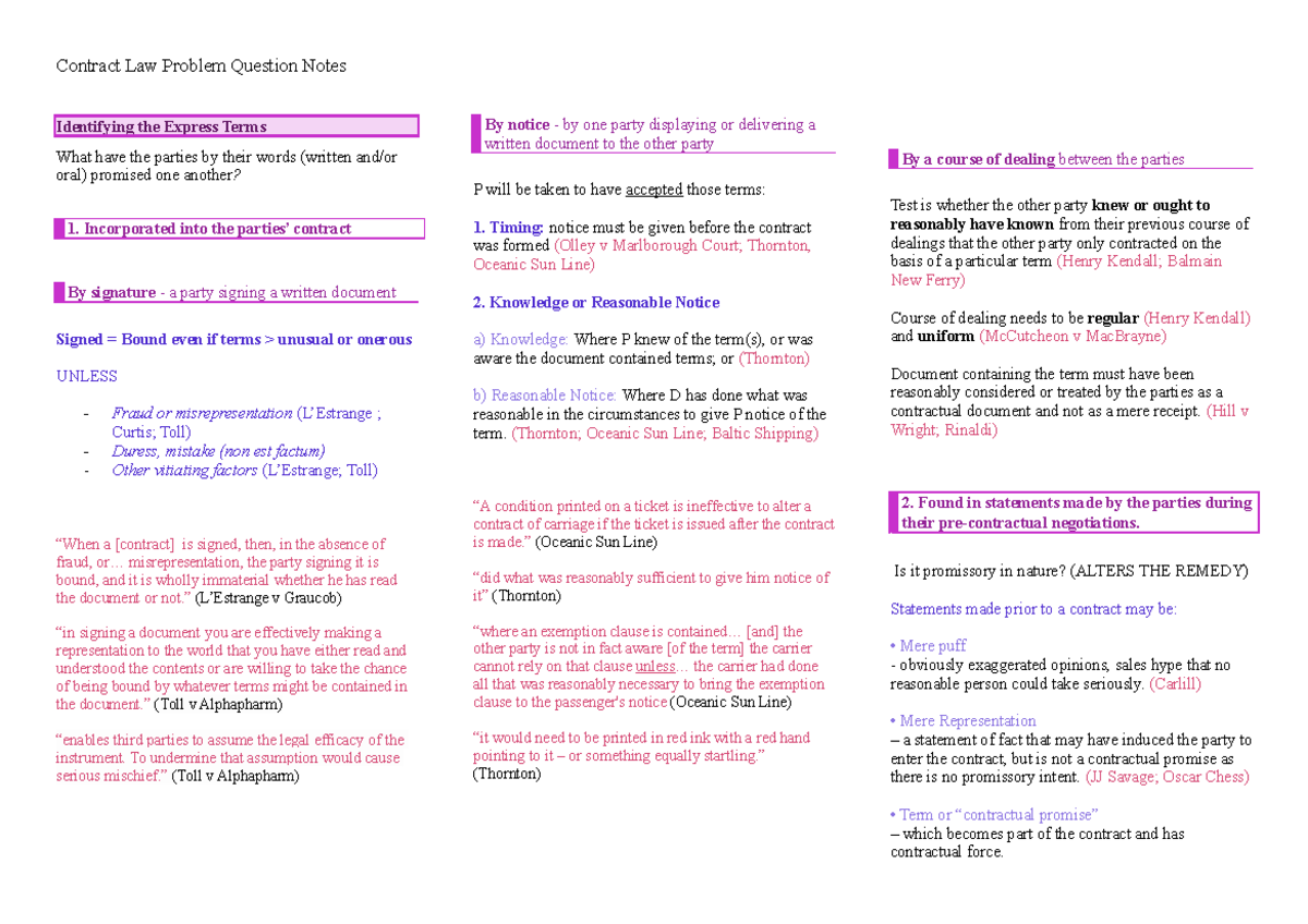Contract Law Problem Question Notes - Contract Law Problem Question ...