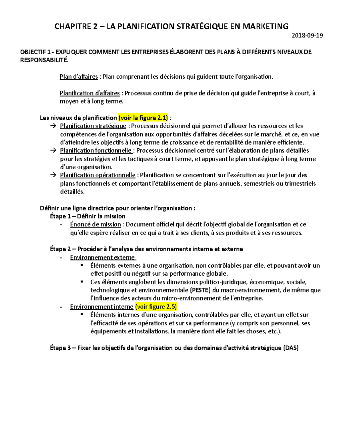 Notes de cours pour examen - CHAPITRE 2 – LA PLANIFICATION STRATÉGIQUE ...