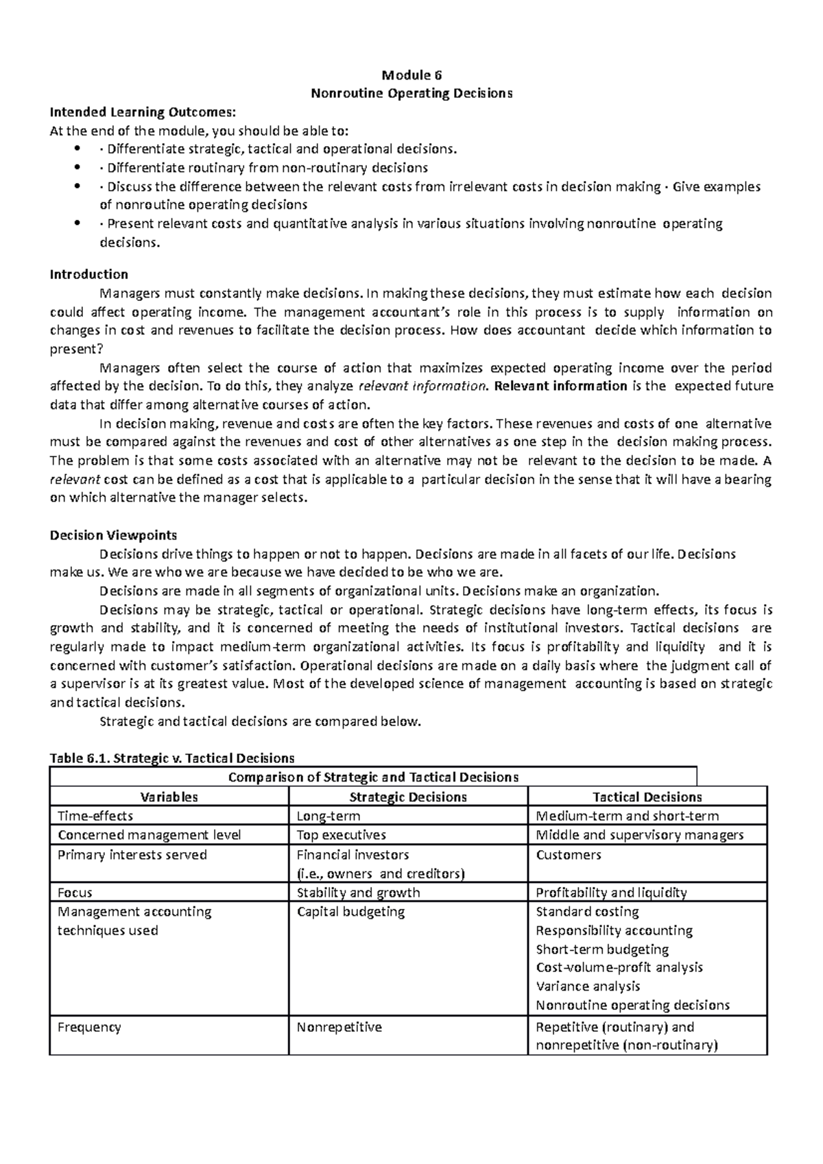 Sba-m6 - Lesson - Module 6 Nonroutine Operating Decisions Intended ...