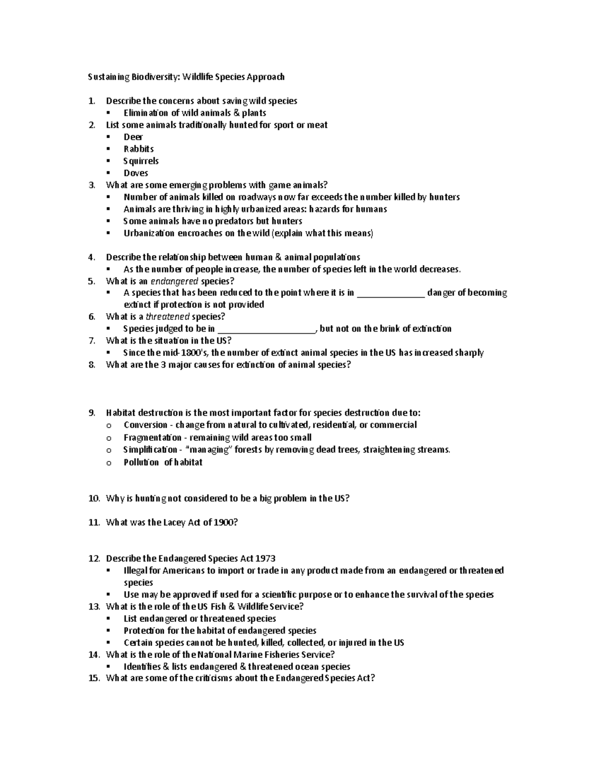 HSC156 SP2021 Wildlife Notes - Sustaining Biodiversity: Wildlife ...