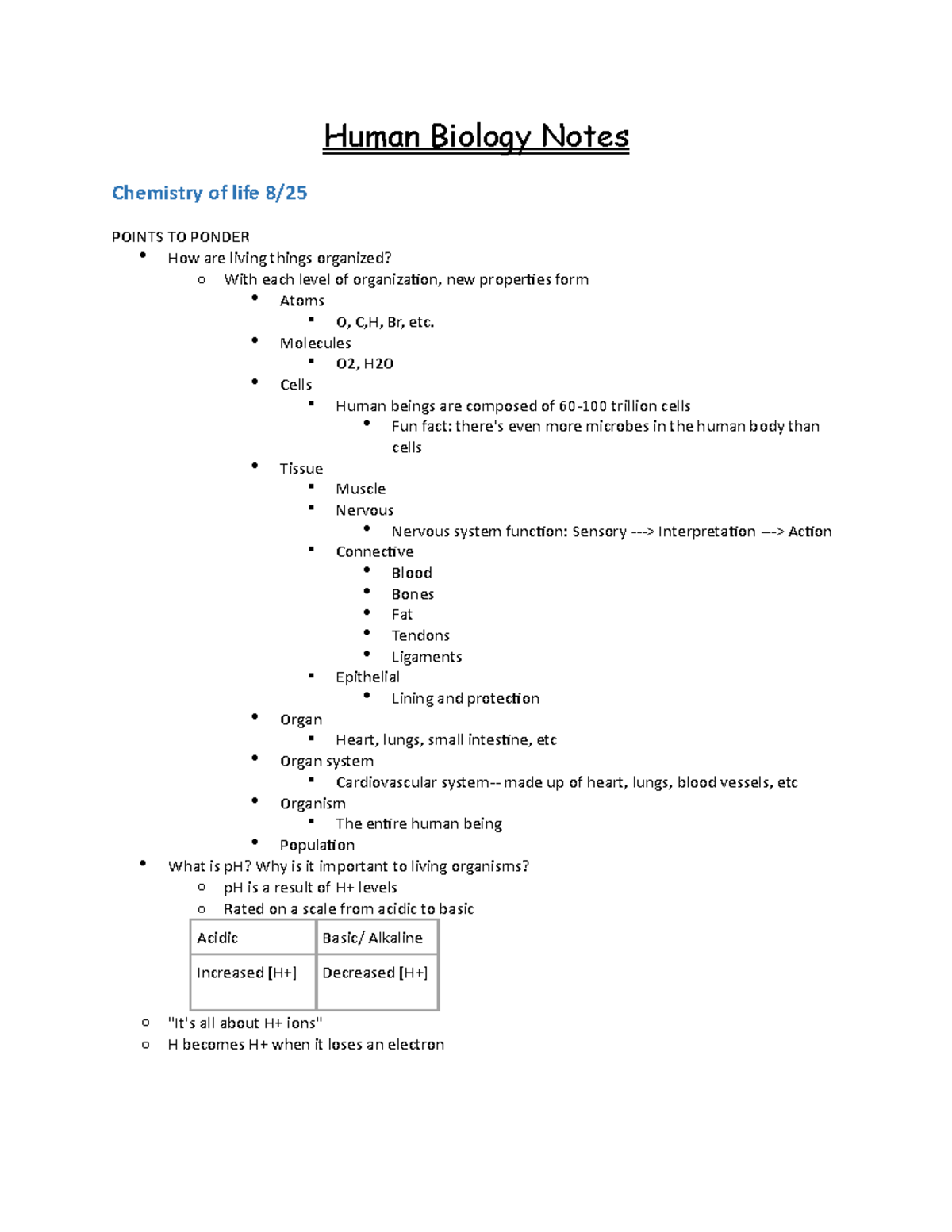 Human Biology Notes - Human Biology Notes Chemistry of life 8/ POINTS ...