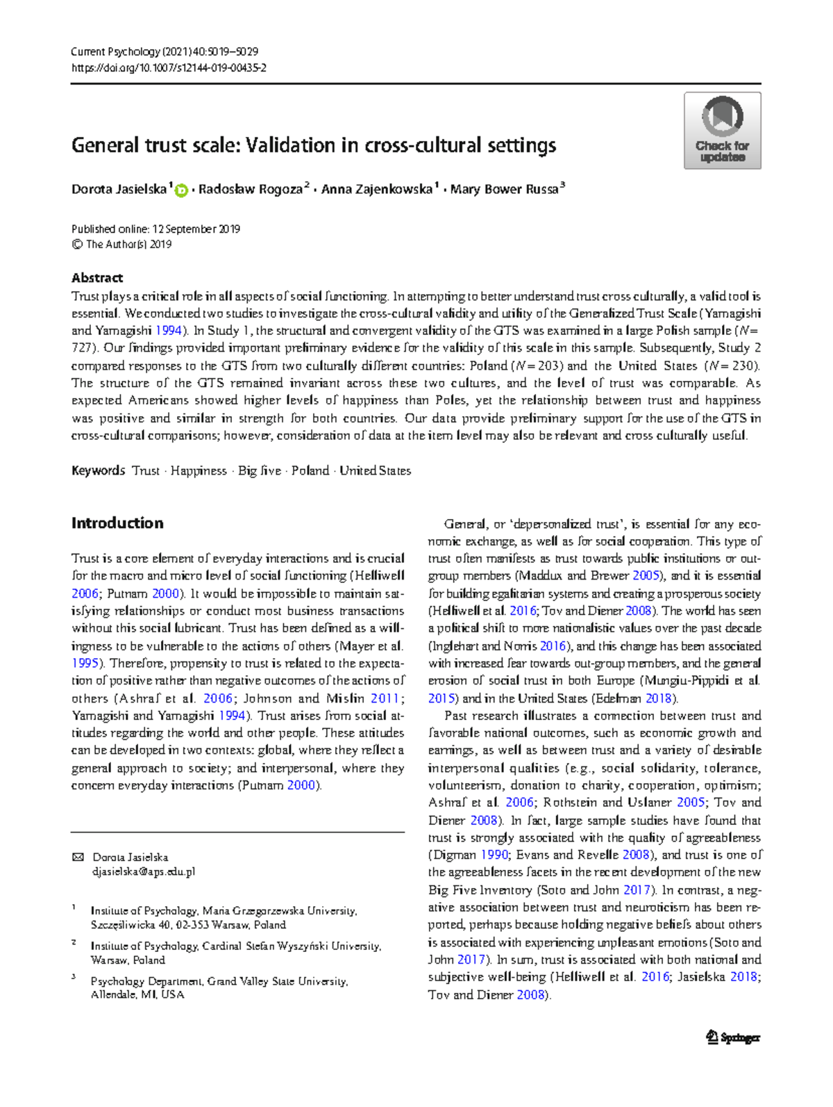 Trust - General trust scale: Validation in cross-cultural settings Dorota Jasielska 1 & Radosław ...