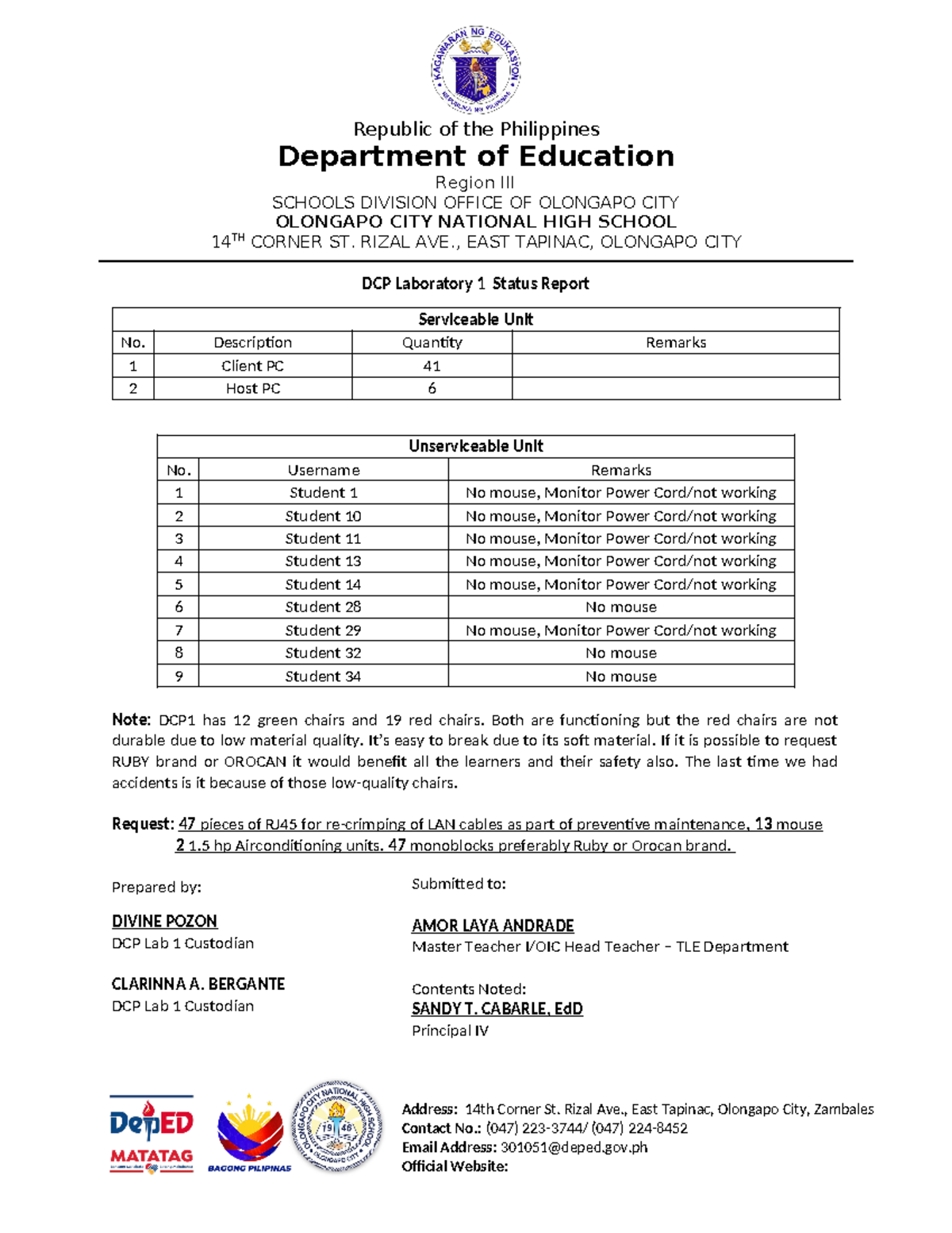 Status report DCP Lab 1 - Lab - Address: 14th Corner St. Rizal Ave ...