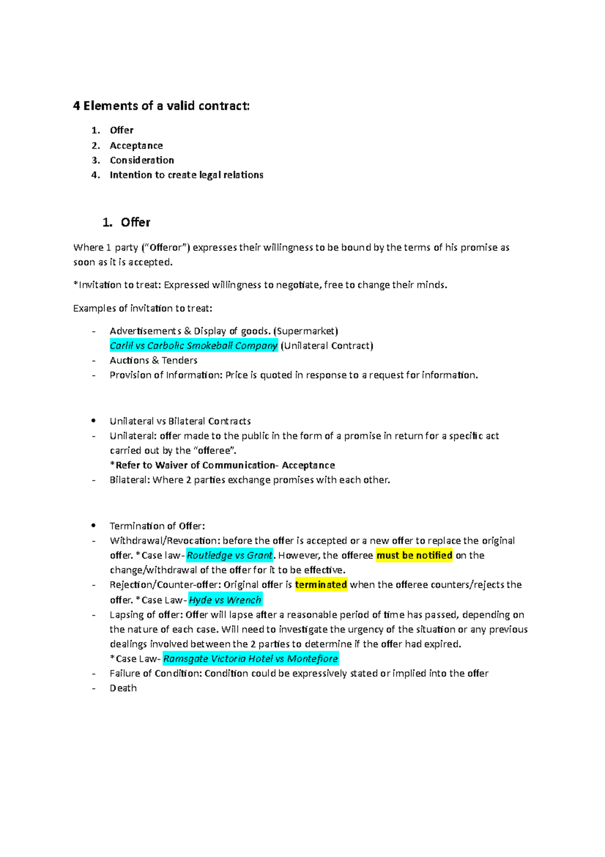 Unit 1 Summary- CONTRACT FORMATION - 4 Elements of a valid contract ...
