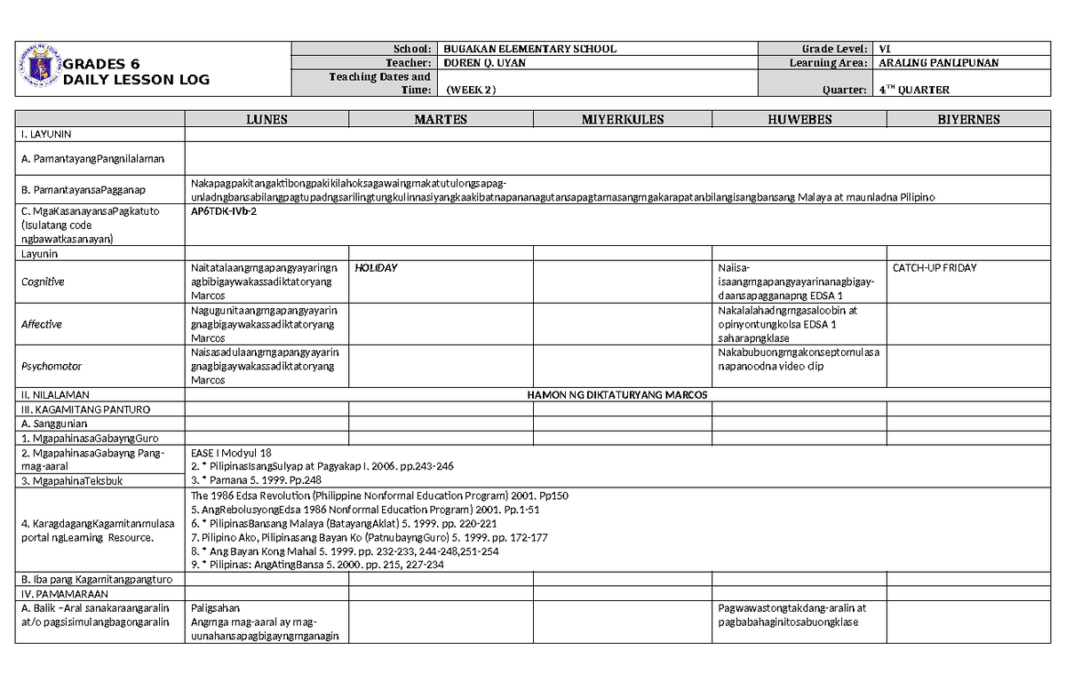 DLL Araling Panlipunan 6 Q4 W2 - GRADES 6 DAILY LESSON LOG School: BUGAKAN ELEMENTARY SCHOOL ...