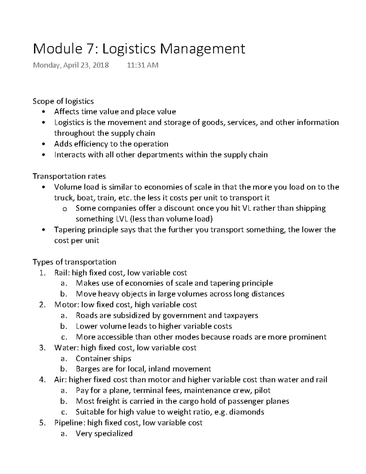Summary Module 7 Logistics Management - Module 7: Logistics Management ...