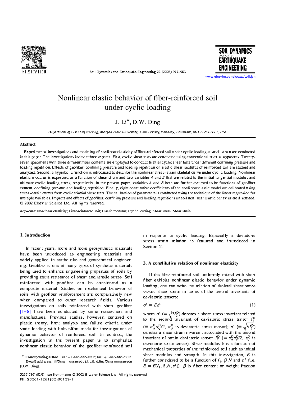 Nonlinear elastic behavior of fiber-reinforced soil under cyclic ...
