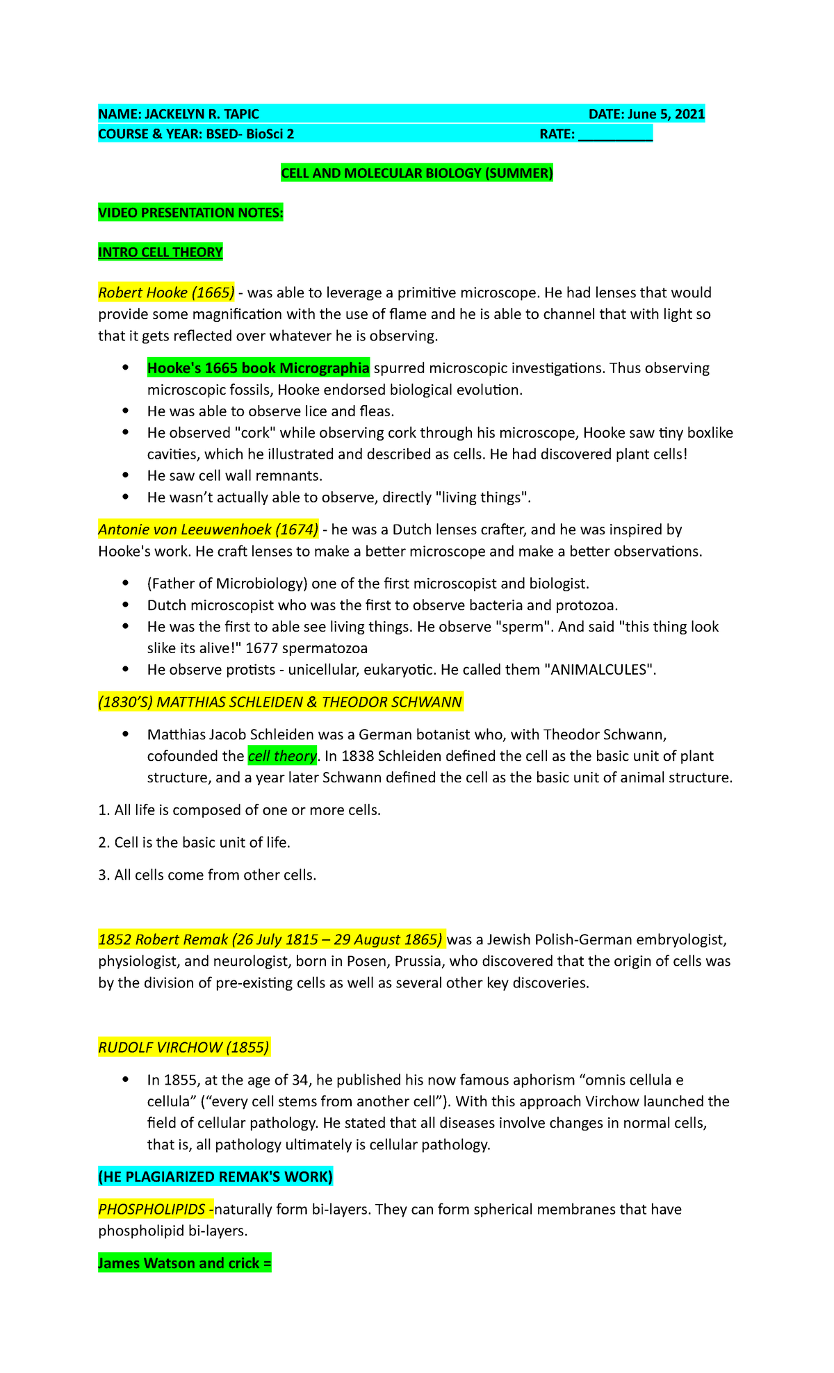 Presentation Notes about Cell Theory - NAME: JACKELYN R. TAPIC DATE ...