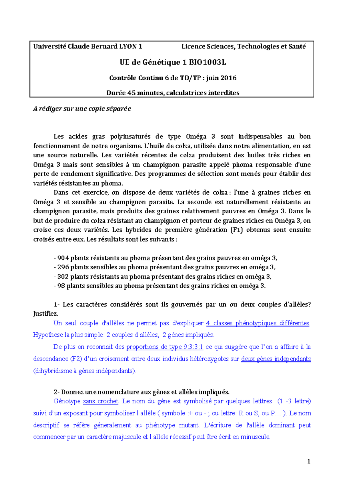 CC6 PR2016 correction - corrigé annale genetique 1 - ! "! - Studocu