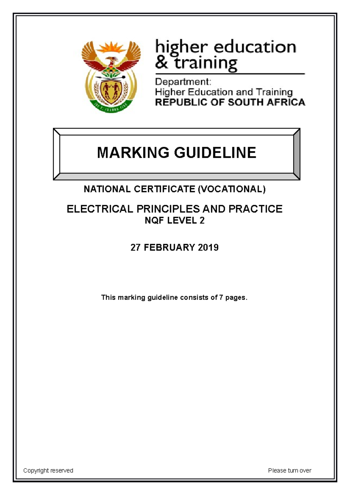 NC880 - Electrical Principles AND Practice L2 MEMO SUPP 2019 - NATIONAL ...