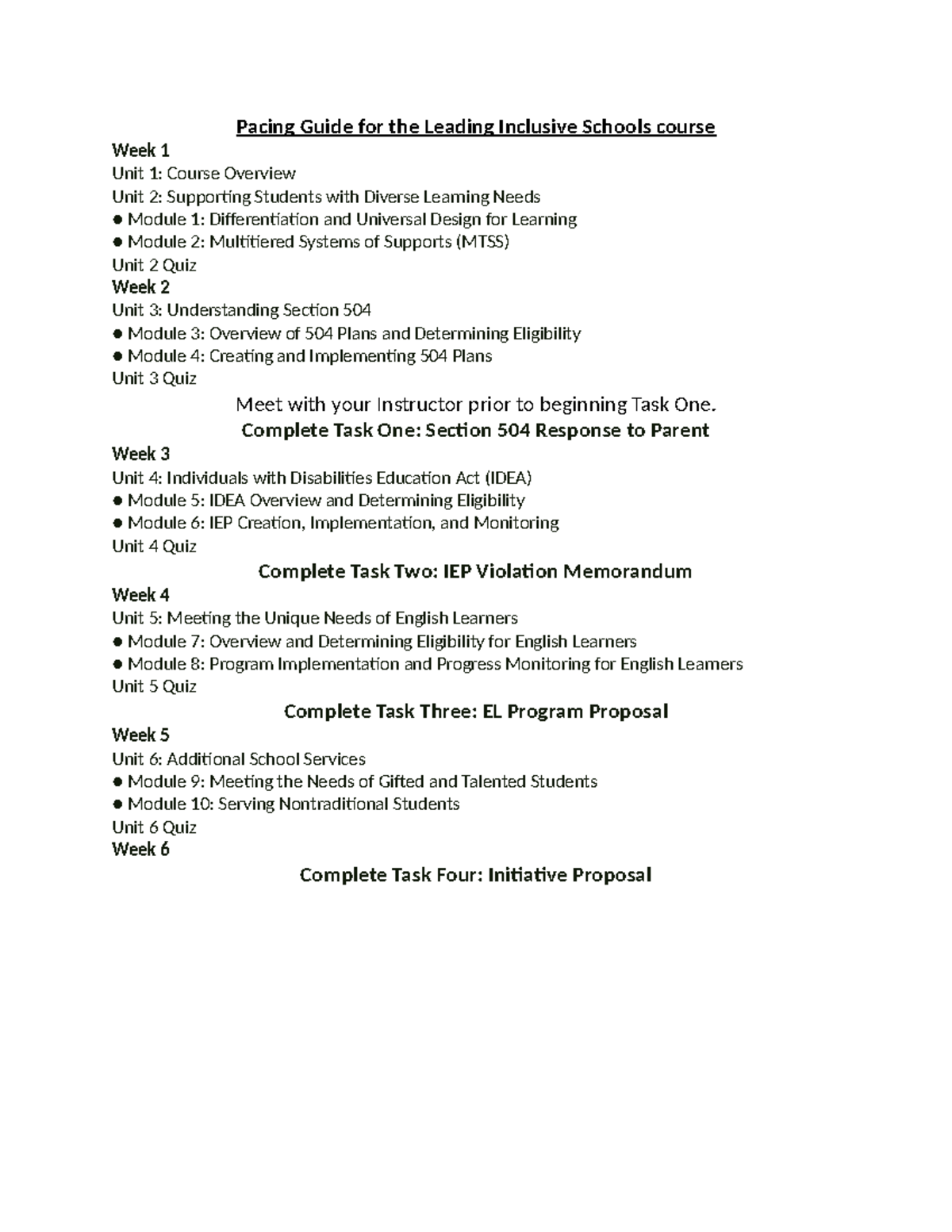 Pacing Guide for the Leading Inclusive Schools course - Complete Task ...