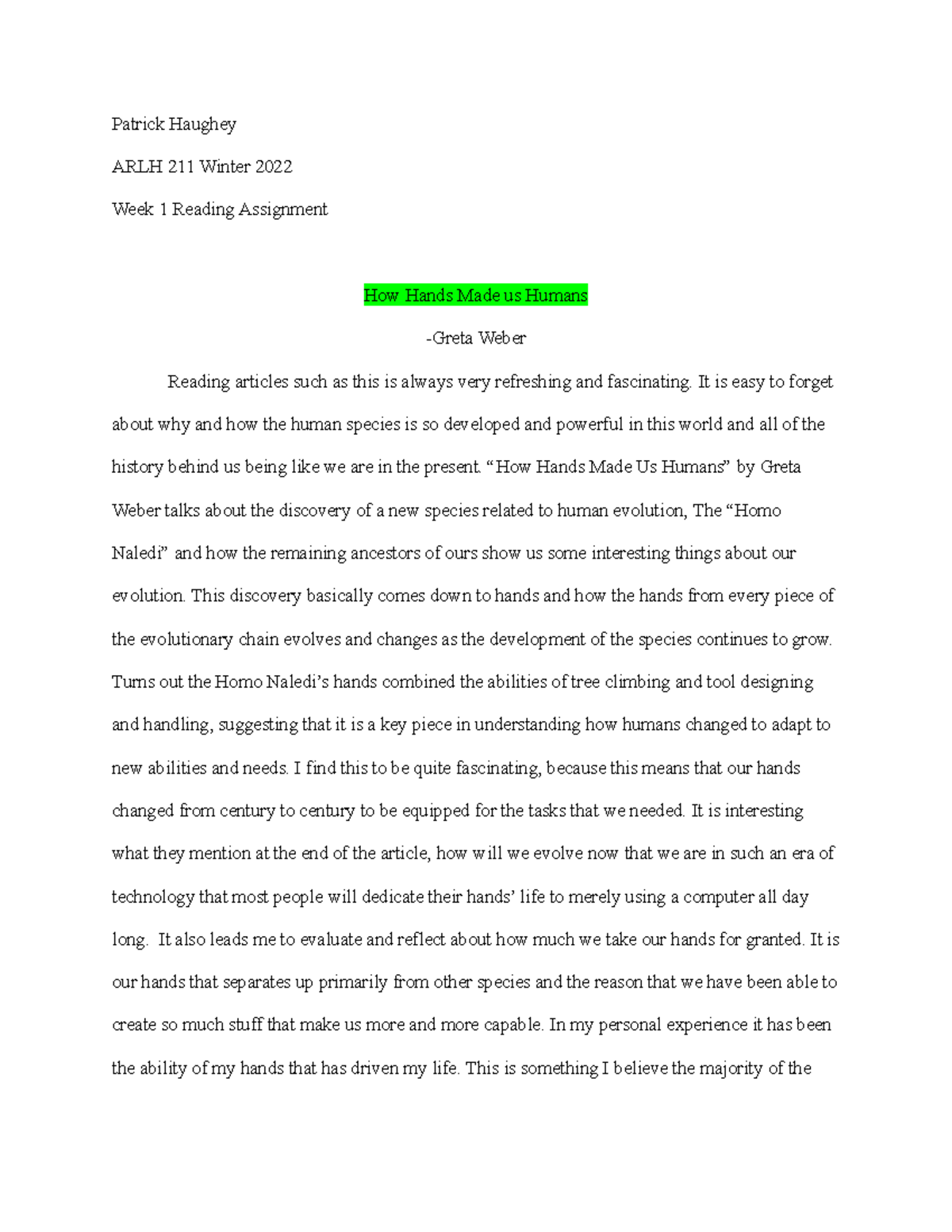 SAV 202220 ARLH 211 03 RR#1 - Patrick Haughey ARLH 211 Winter 2022 Week ...