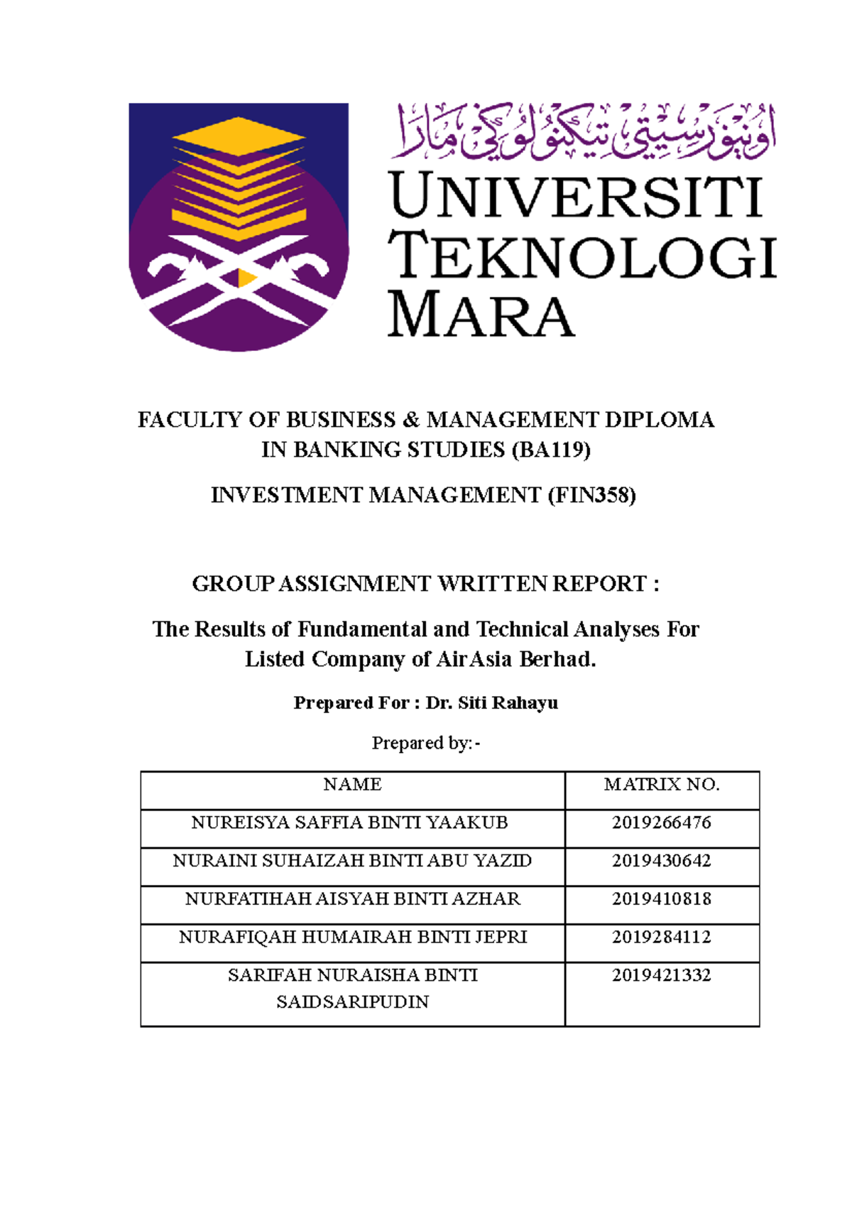 FIN358 Report group asssignment - FACULTY OF BUSINESS & MANAGEMENT ...