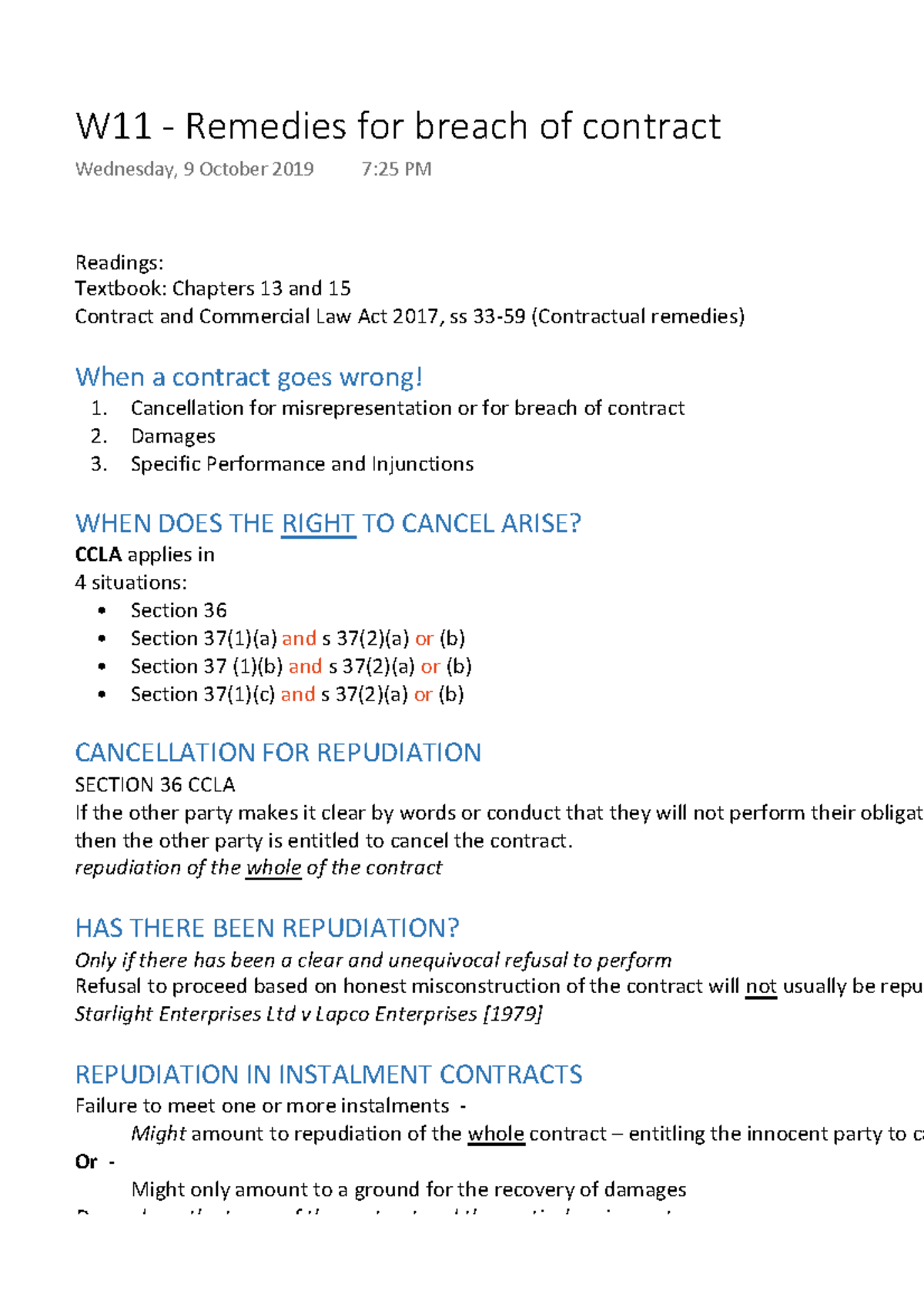 W11 - Remedies for breach of contract - Warning: TT: undefined function: 32 Readings: Textbook ...