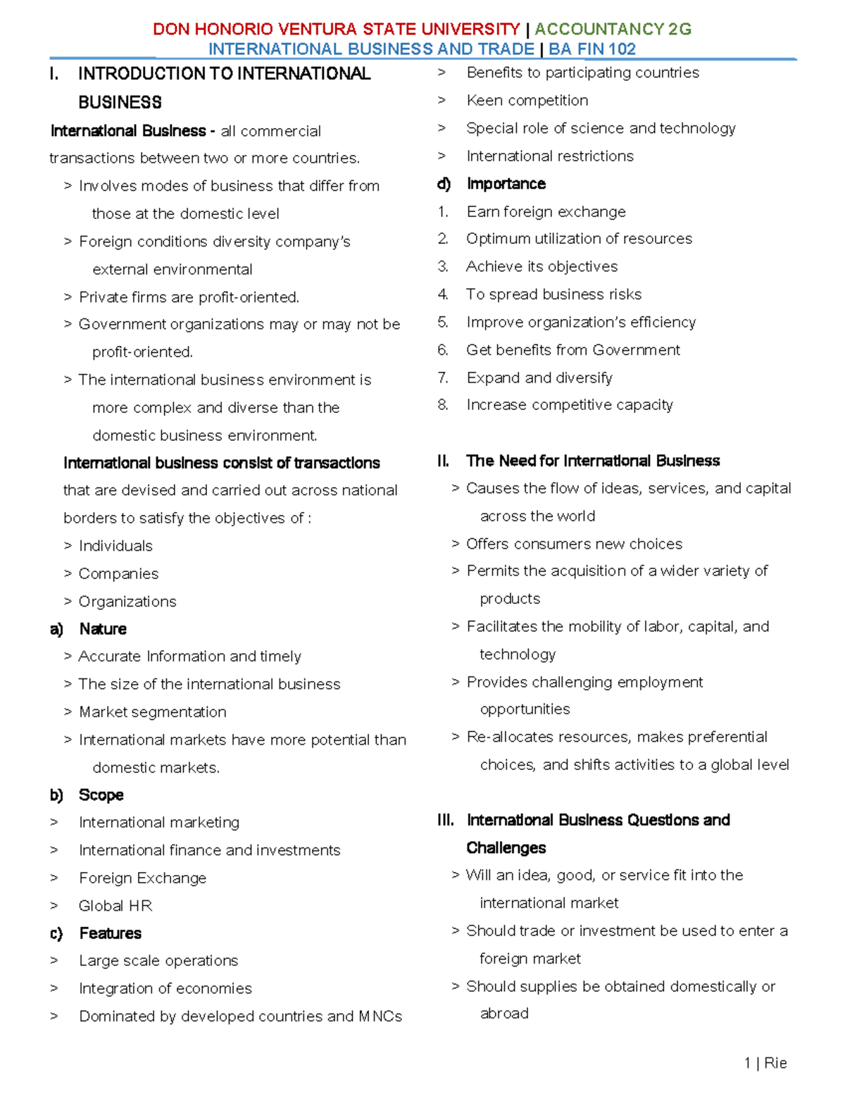 Bafin 102B Part 1 - notes - INTERNATIONAL BUSINESS AND TRADE | BA FIN ...