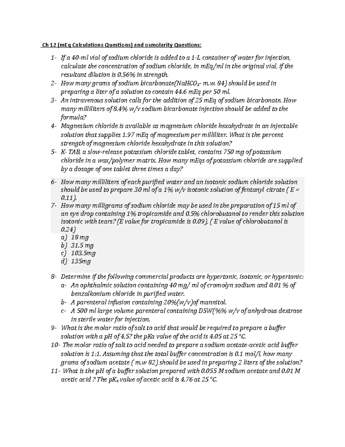 602 L practice questions - Ch 12 (mEq Calculations Questions) and ...