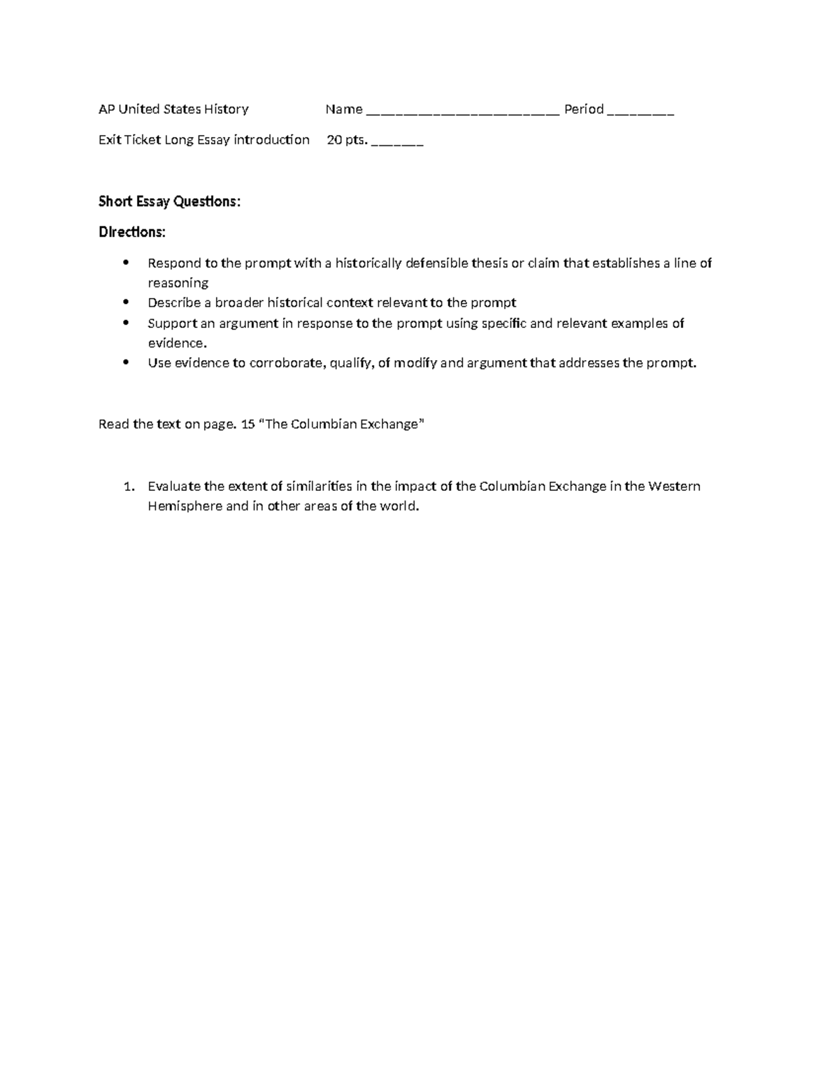 AP U.S. History Exit Ticket Columbian Exchange - AP United States ...