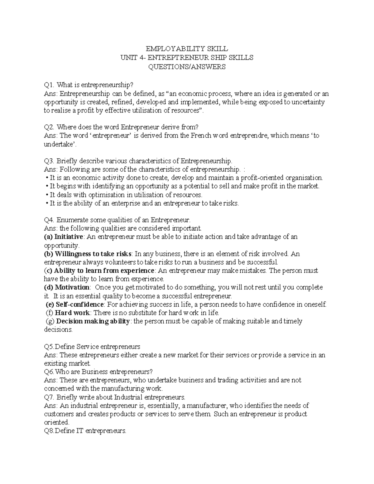 Employability Skill - Entrepreneur skills - EMPLOYABILITY SKILL UNIT 4 ...