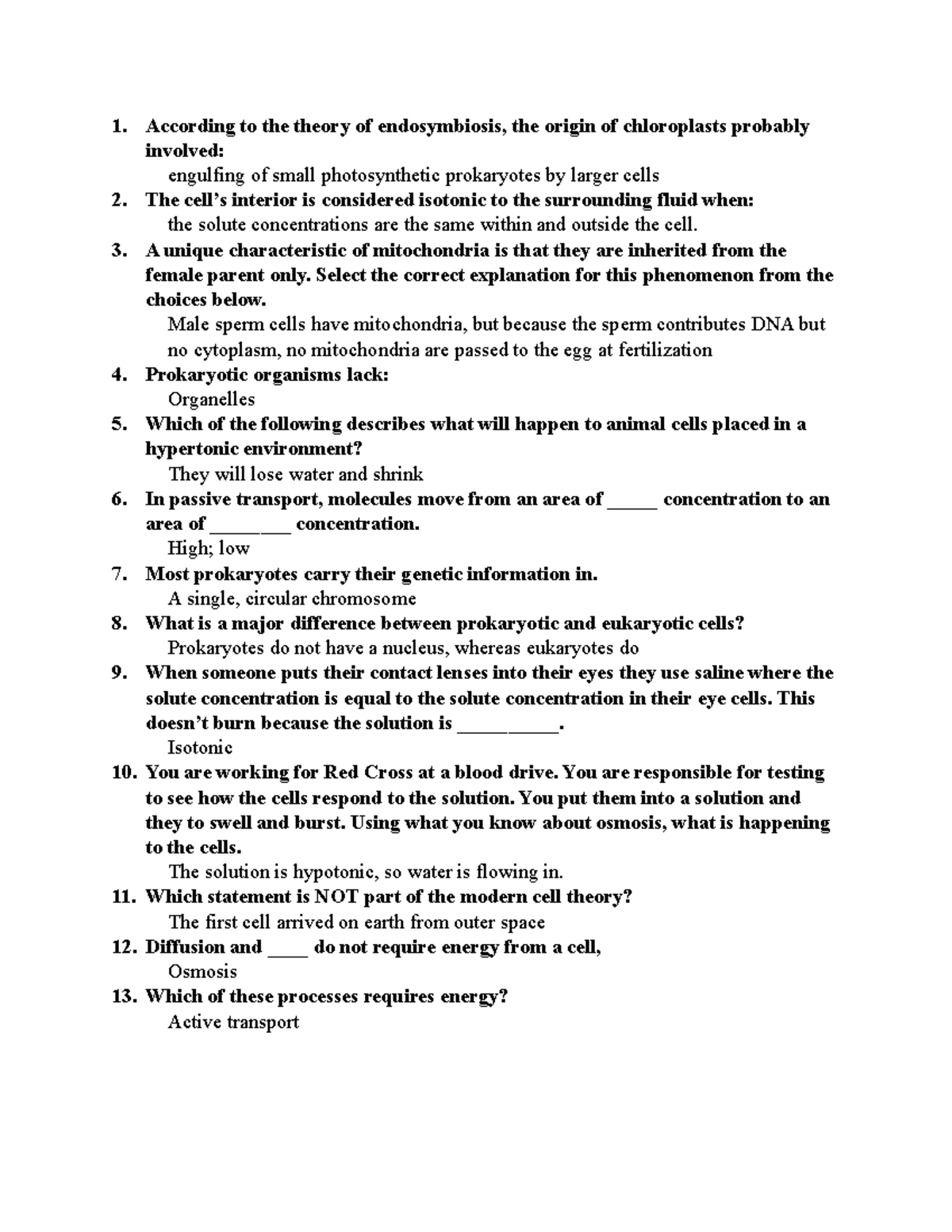 BIOL1050 Quiz 3 Study Guide - According to the theory of endosymbiosis ...